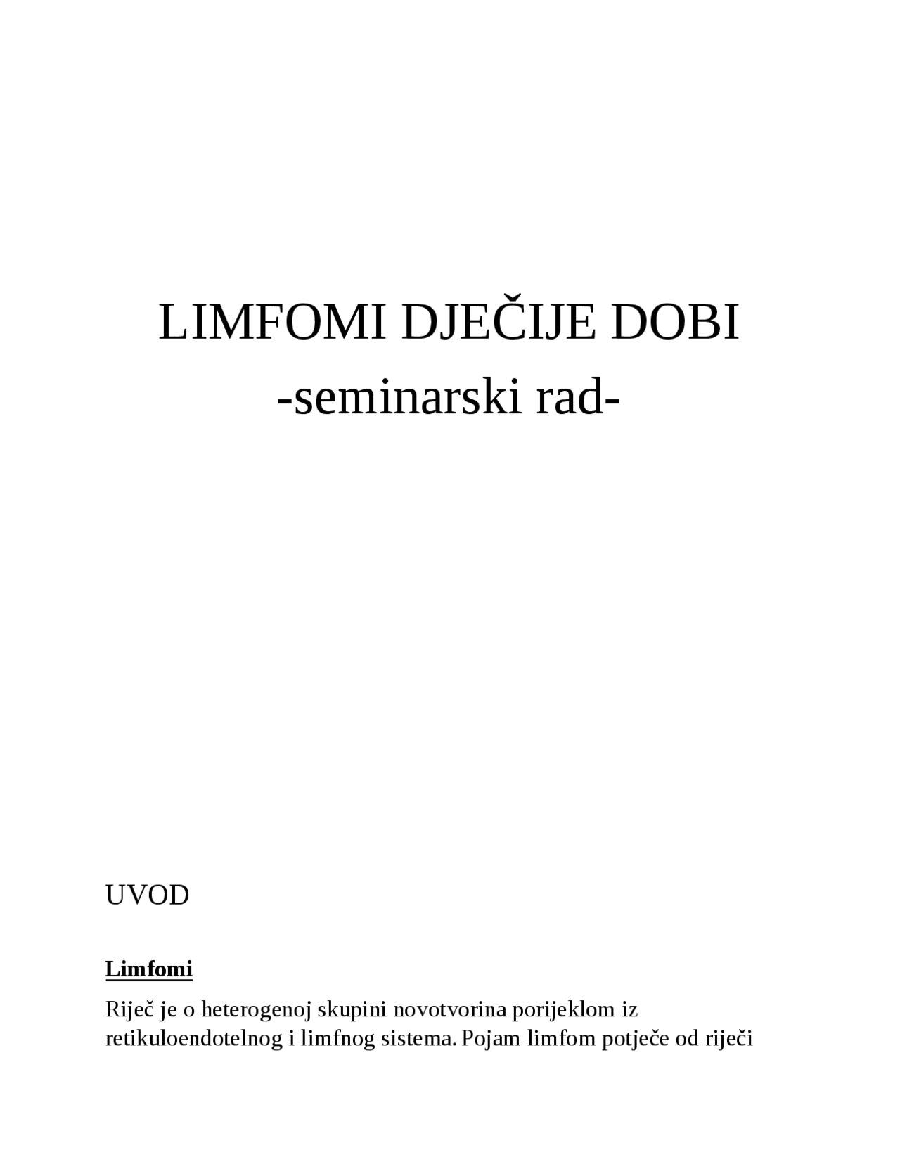 Limfomi djecije dobi, pedijatrija | Esej' predlog Pedijatrija - Docsity