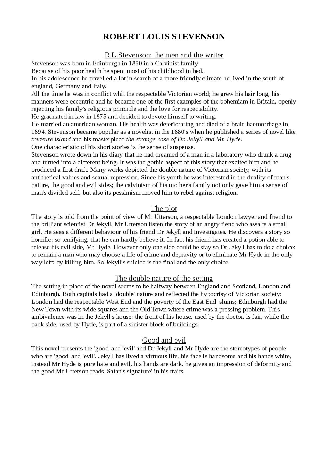 ROBERT LOUIS STEVENSON - RIASSUNTO - Docsity