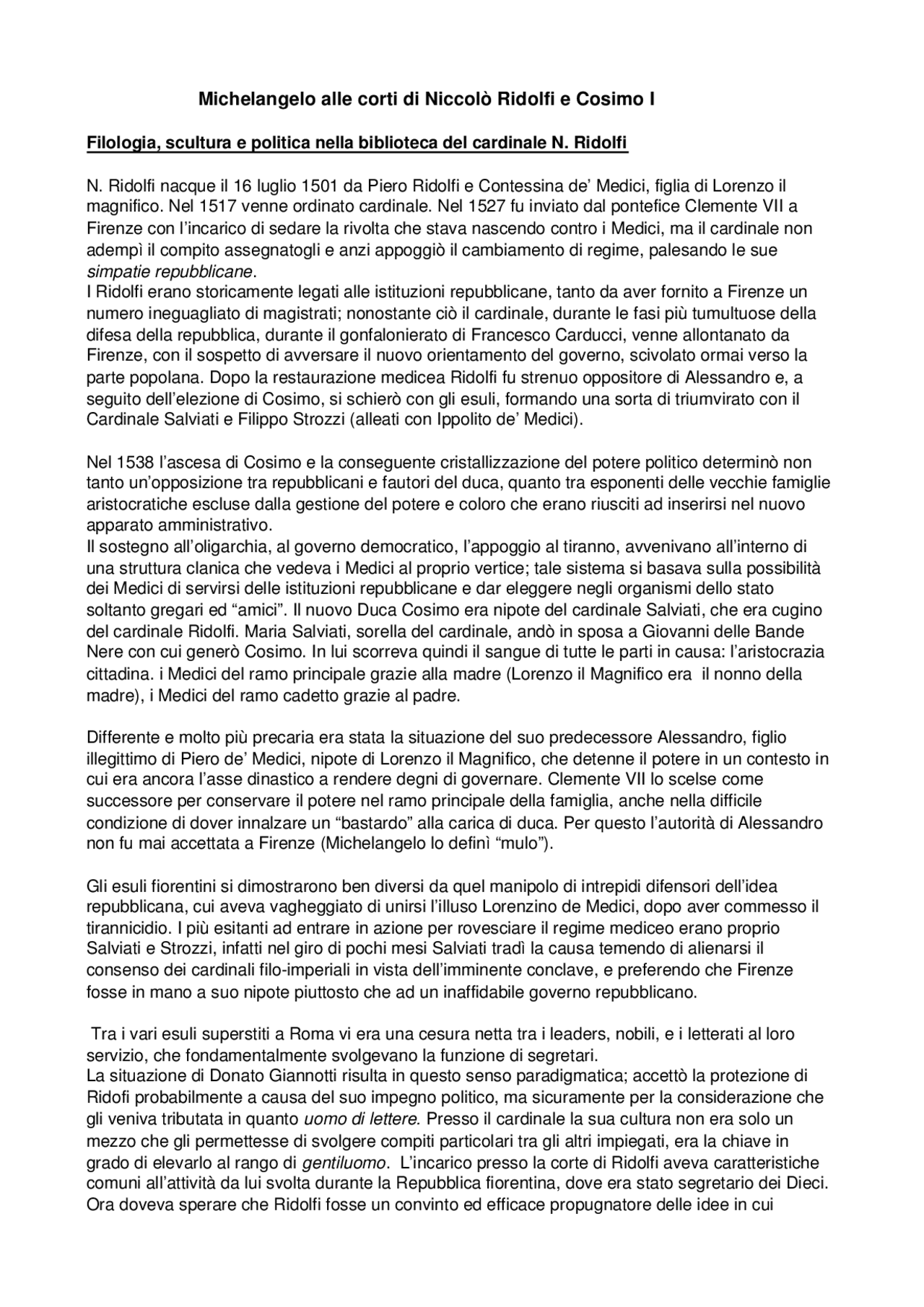 Michelangelo alle corti di Niccolò Ridolfi e Cosimo I - Docsity