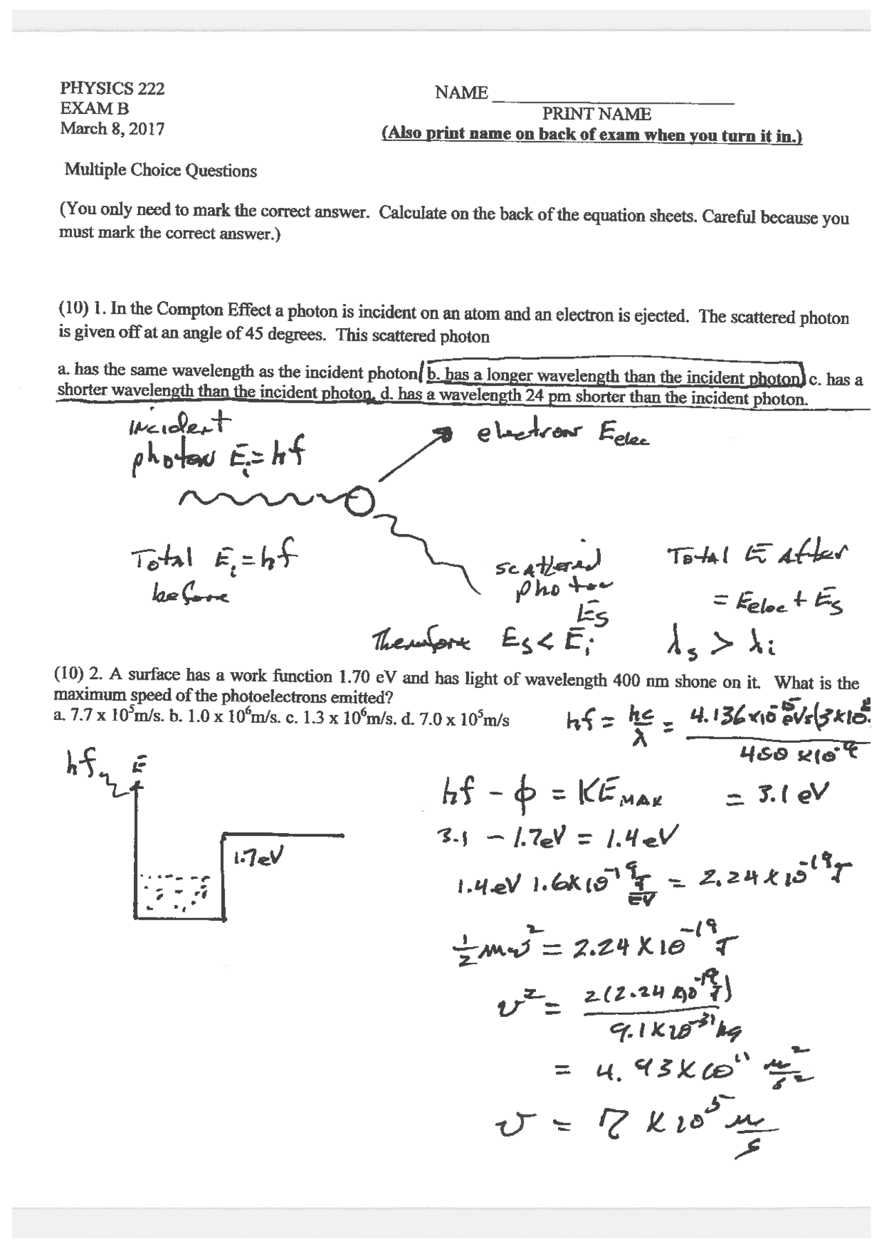 Solved Exam 2 Modern Physics For Engineer Phys 222 Docsity