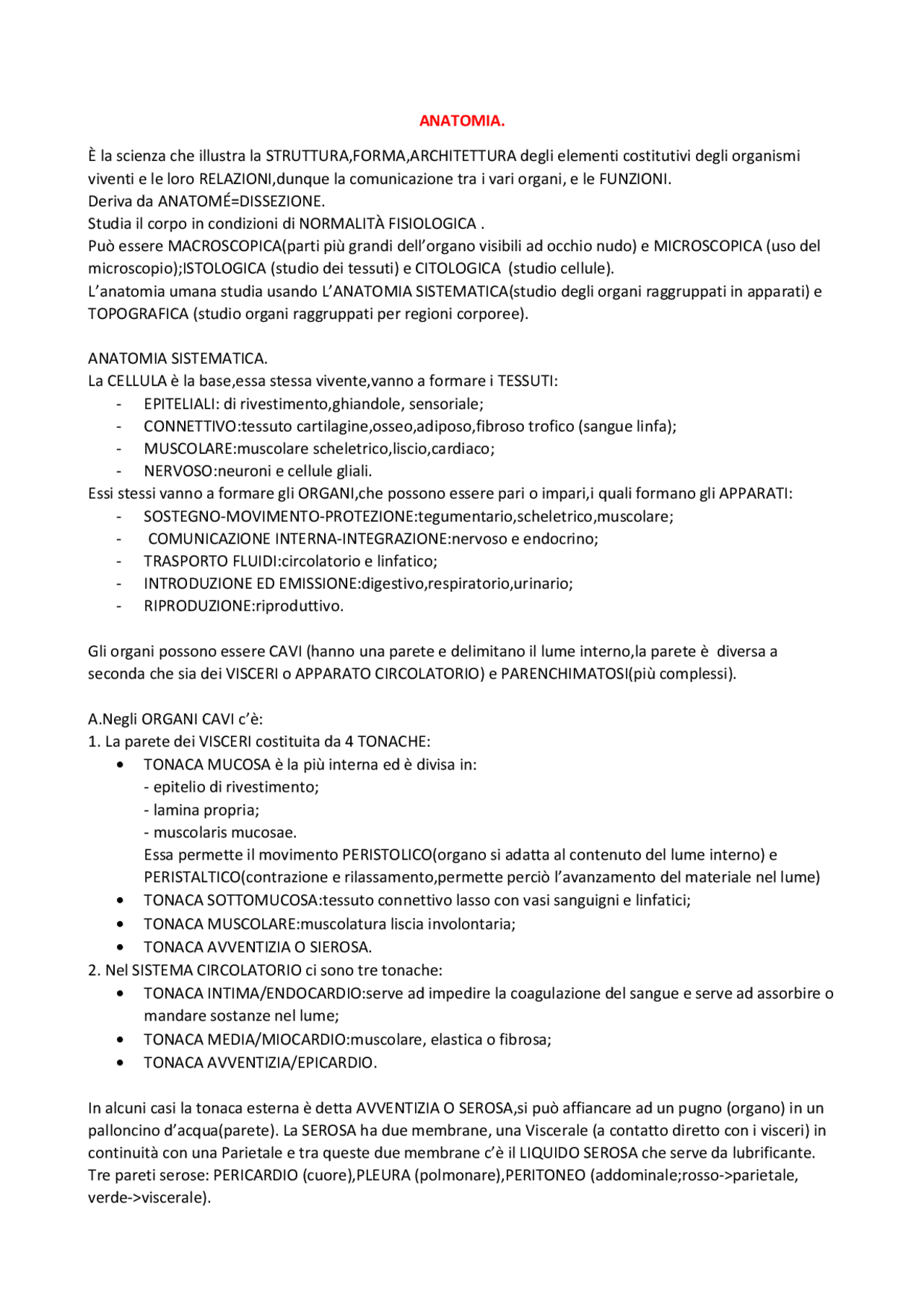 Anatomia Riassunto Di Tutta Lanatomia Umana Docsity