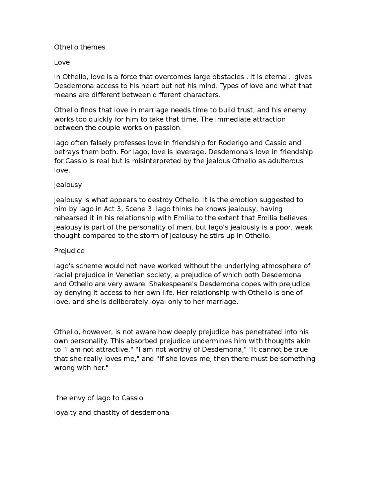I temi del dramma shakespeariano "Othello" - Docsity