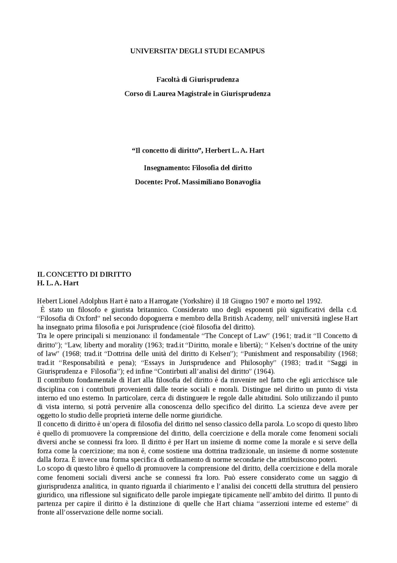 Il Concetto Di Diritto Di H L A Hart Docsity