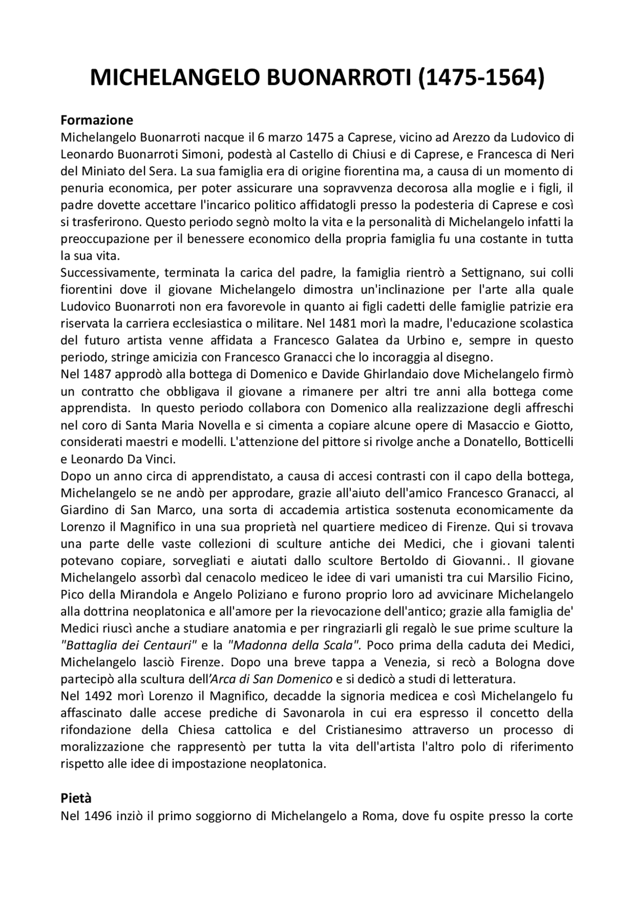 Michelangelo Buonarroti: vita ed opere principali - Docsity