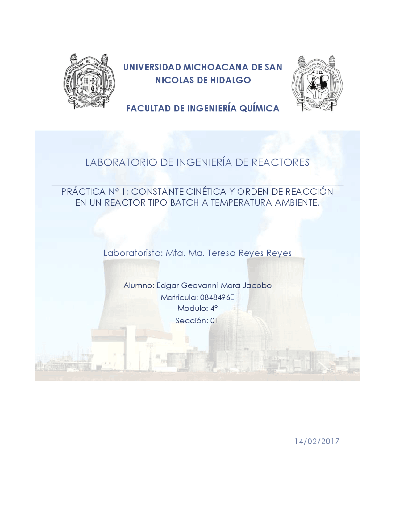 PRACTICA No.1 REACTOR A T amb | Apuntes de Química | Docsity