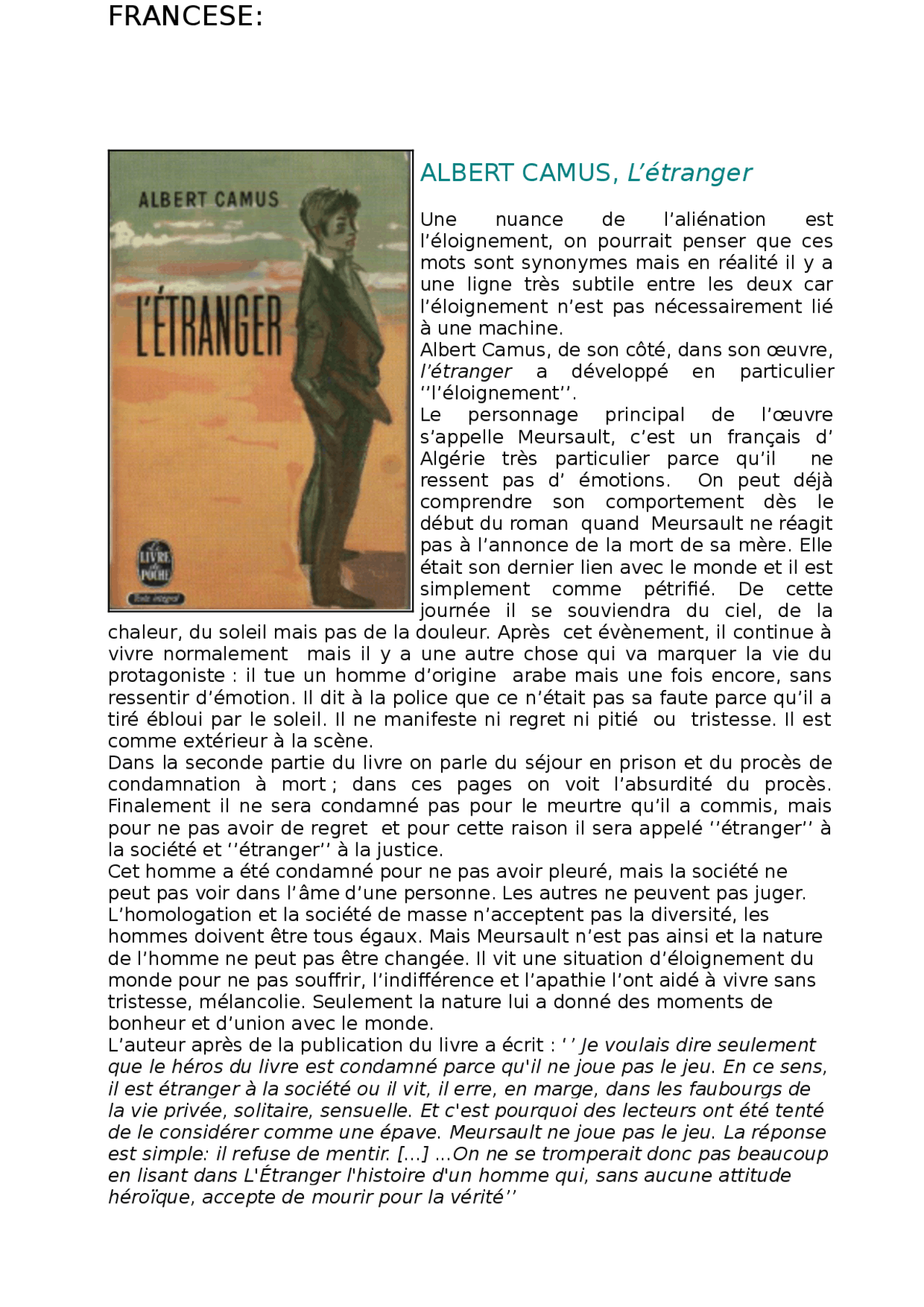 L'alienazione e l'estraneazione di Albert Camus | Tesine di Maturità di ...