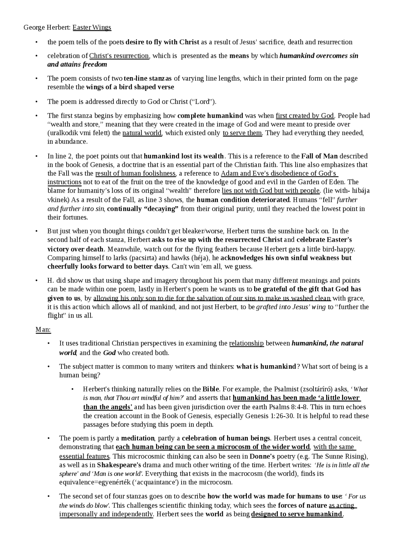 George Herbert: Easter Wings, Man, Time (poems) - Docsity