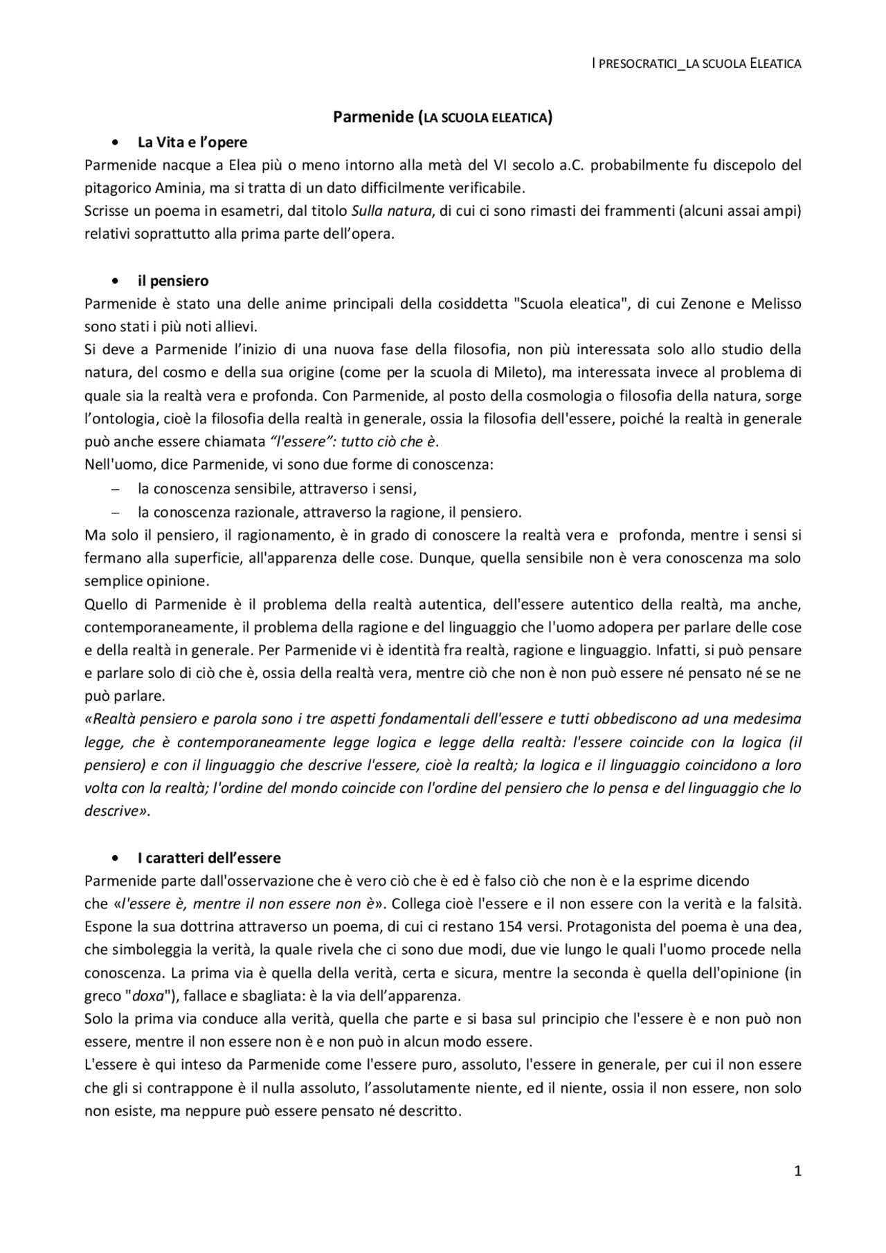 Filosofi Presocratici Parmenide Empedocle Docsity