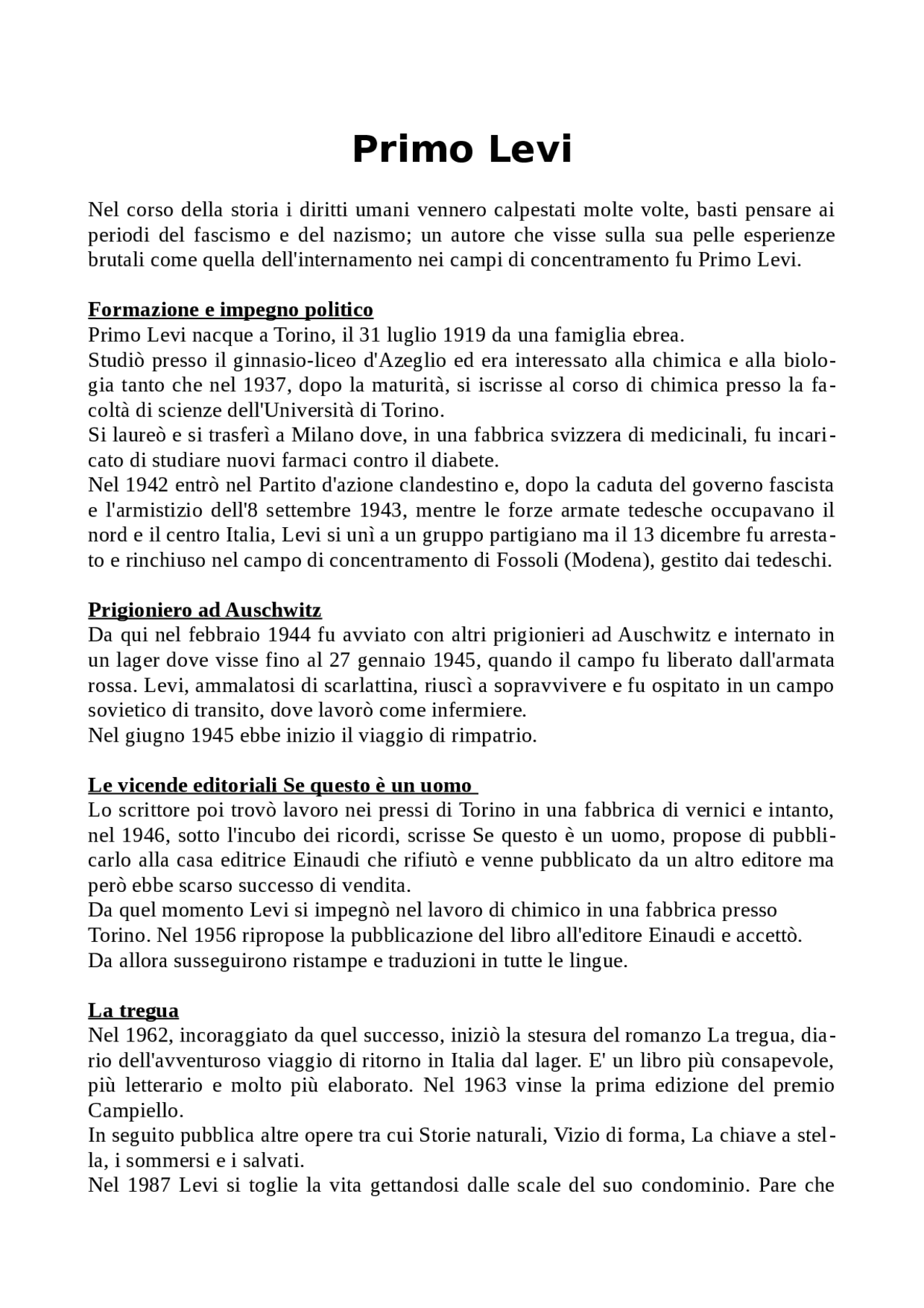 Primo Levi biografia - Docsity