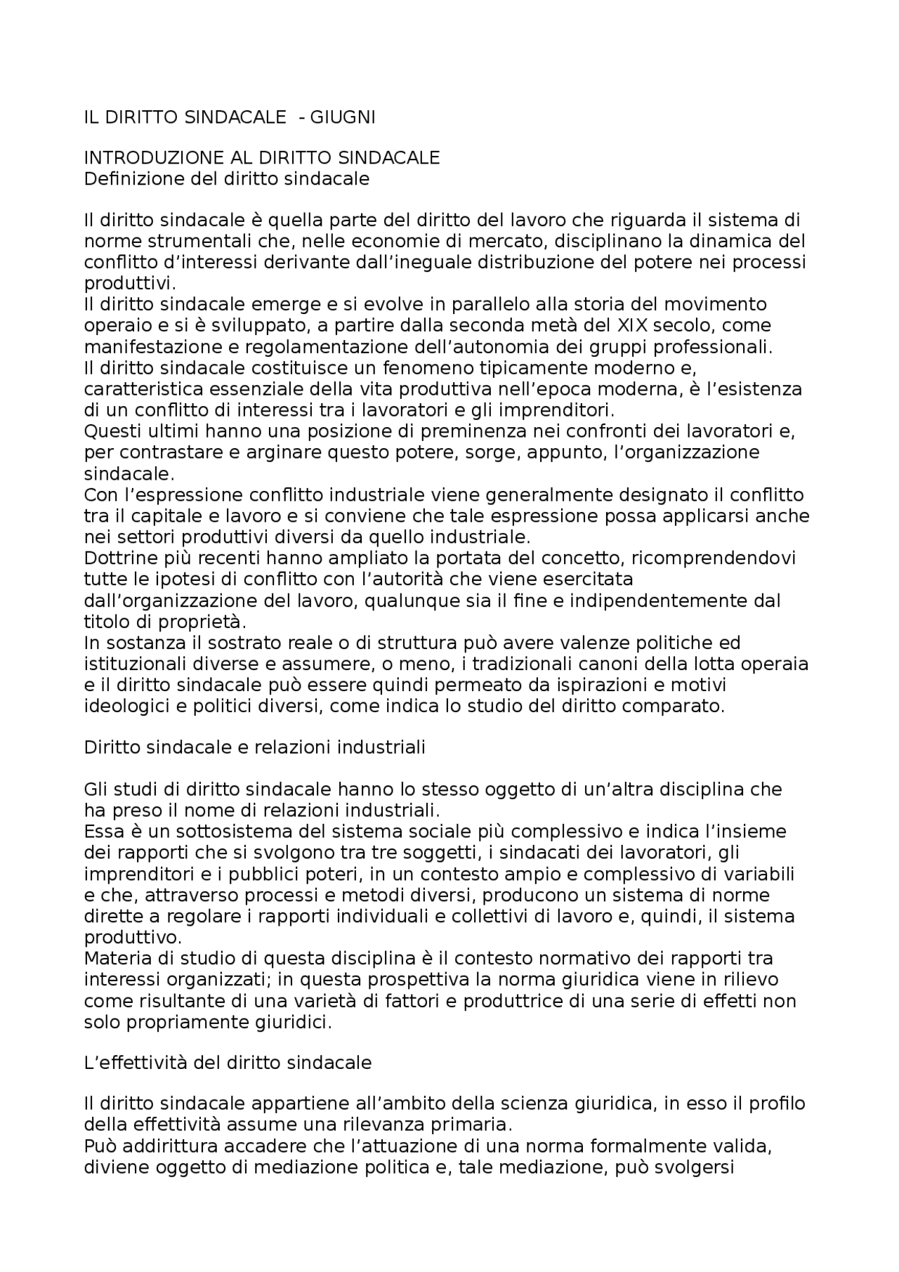 Sintesi Diritto Sindacale Gino Giugni Docsity