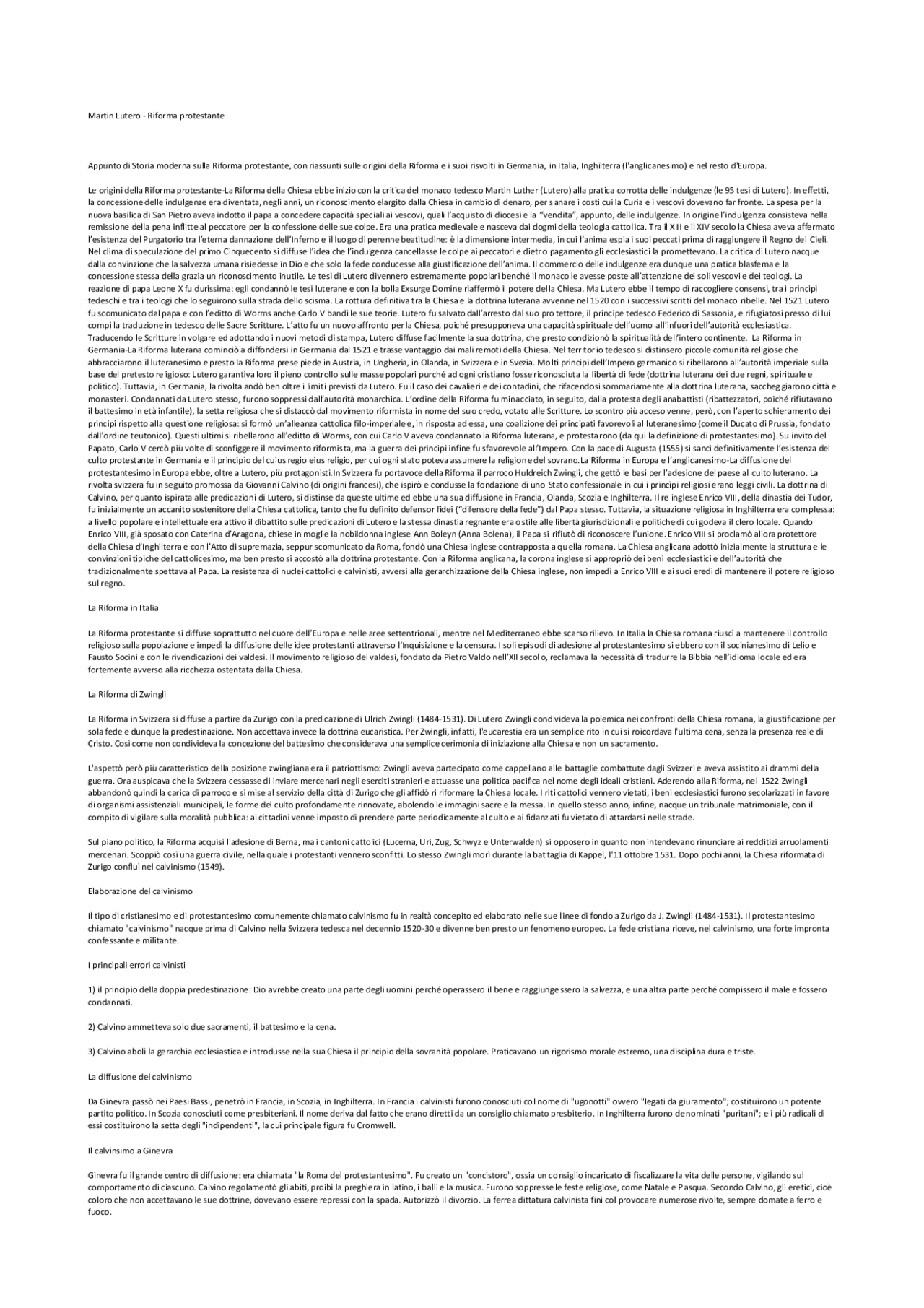Sintesi Della Riforma Protestante Docsity