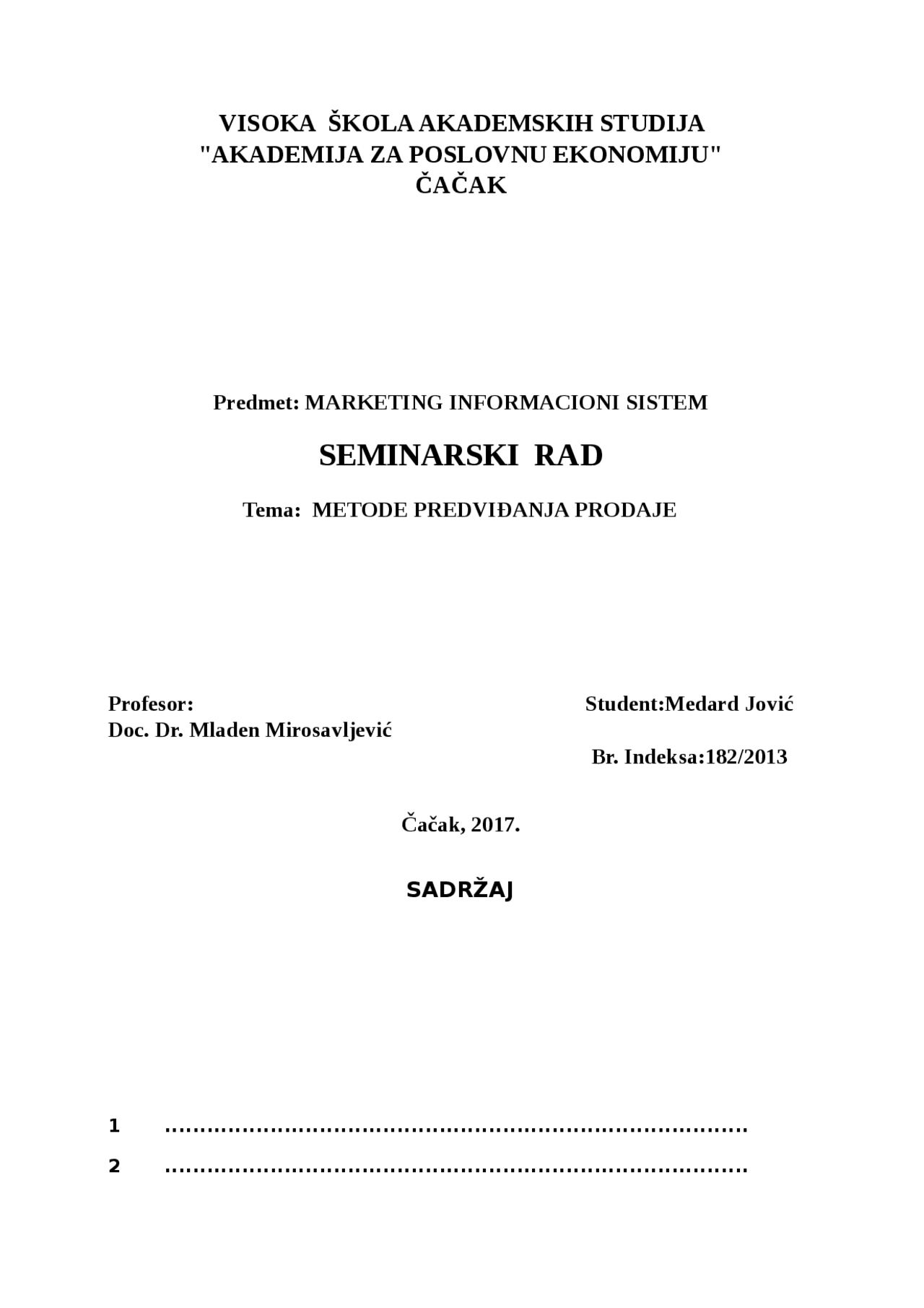 Metode Predvidjanja Prodaje Esej Predlog Marketing Docsity