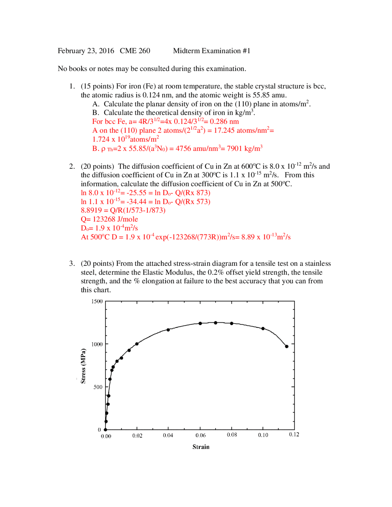 Midterm Exam 1 With Answers Properties Of Materials Cme 260 Docsity