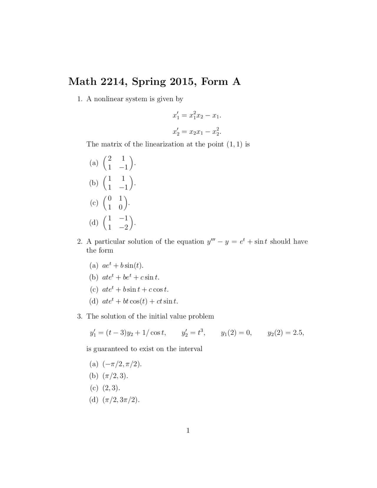 12 Questions On Introduction Differential Equations Exam Math 2214