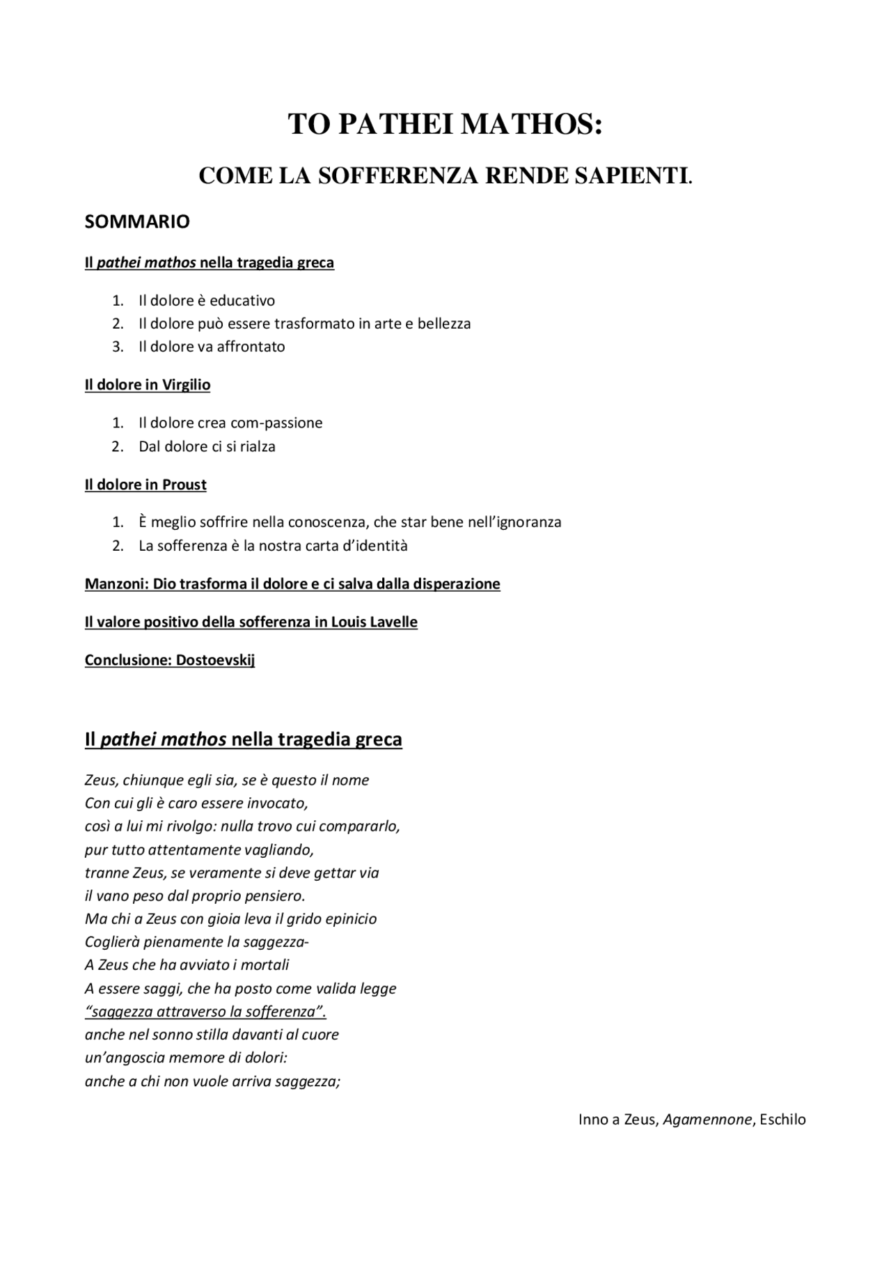 To Pathei Mathos, come la sofferenza rende sapienti - Docsity