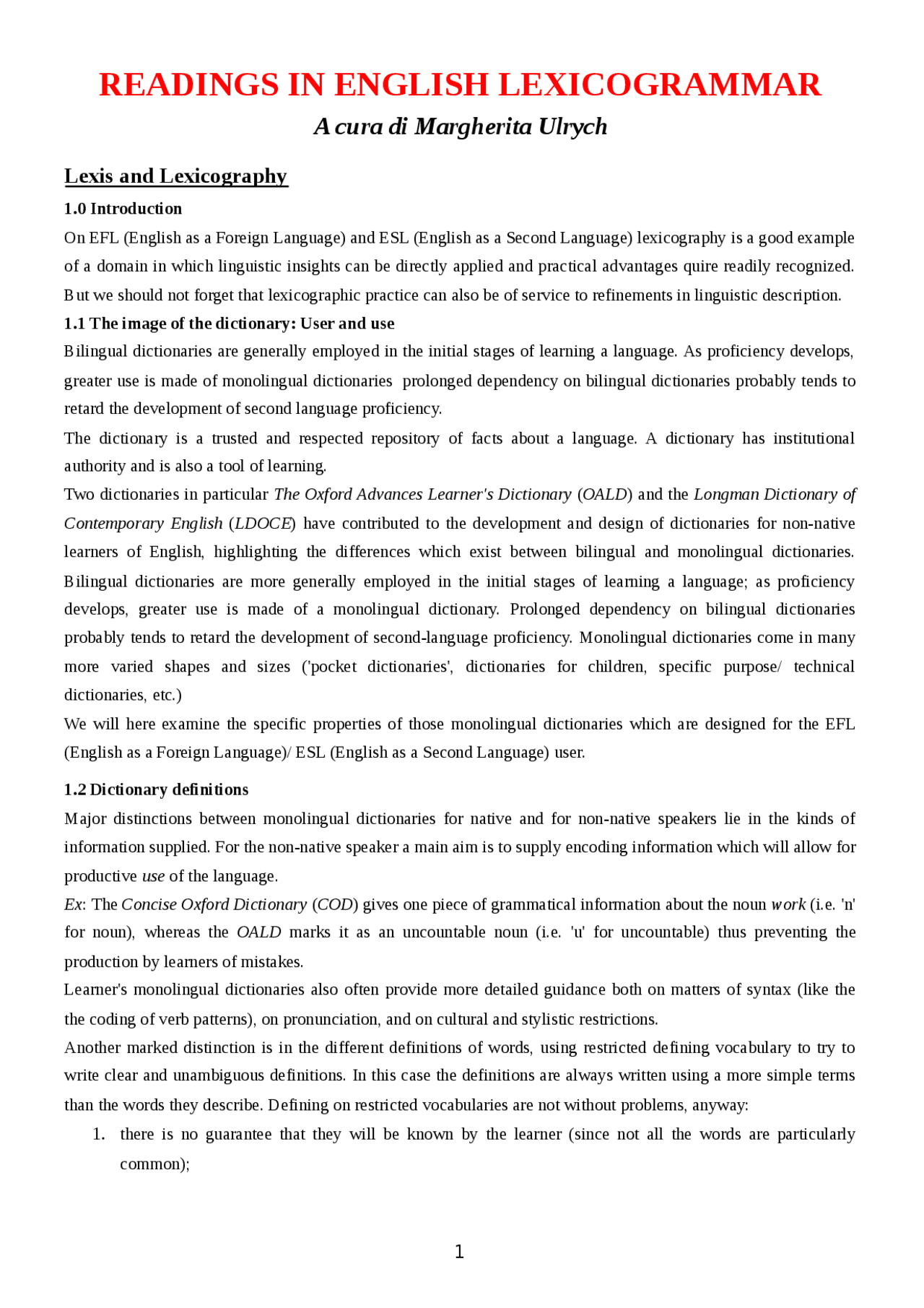 Readings in English Lexicogrammar - Docsity