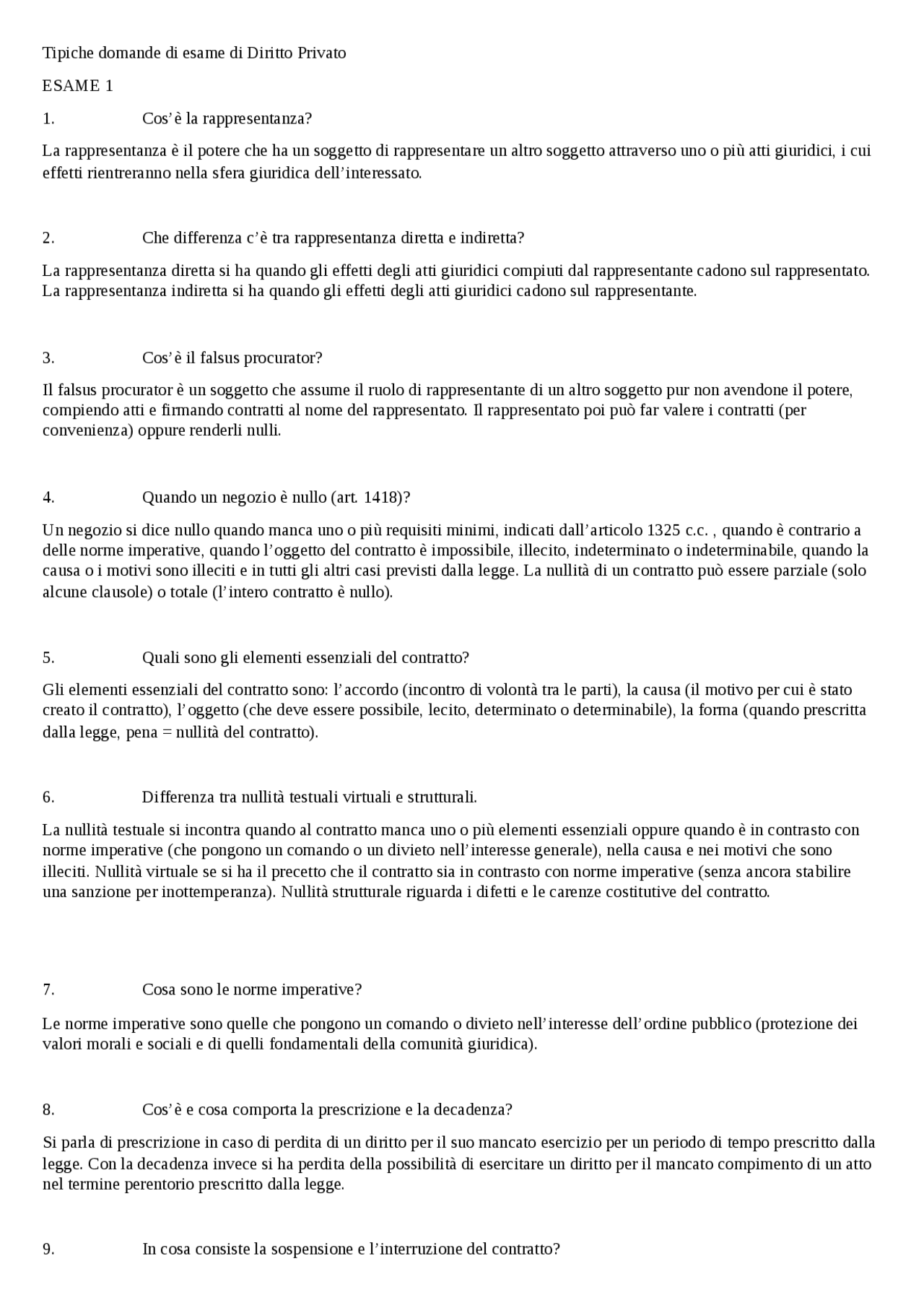 DIRITTO PRIVATO DOMANDE E RISPOSTE - Docsity