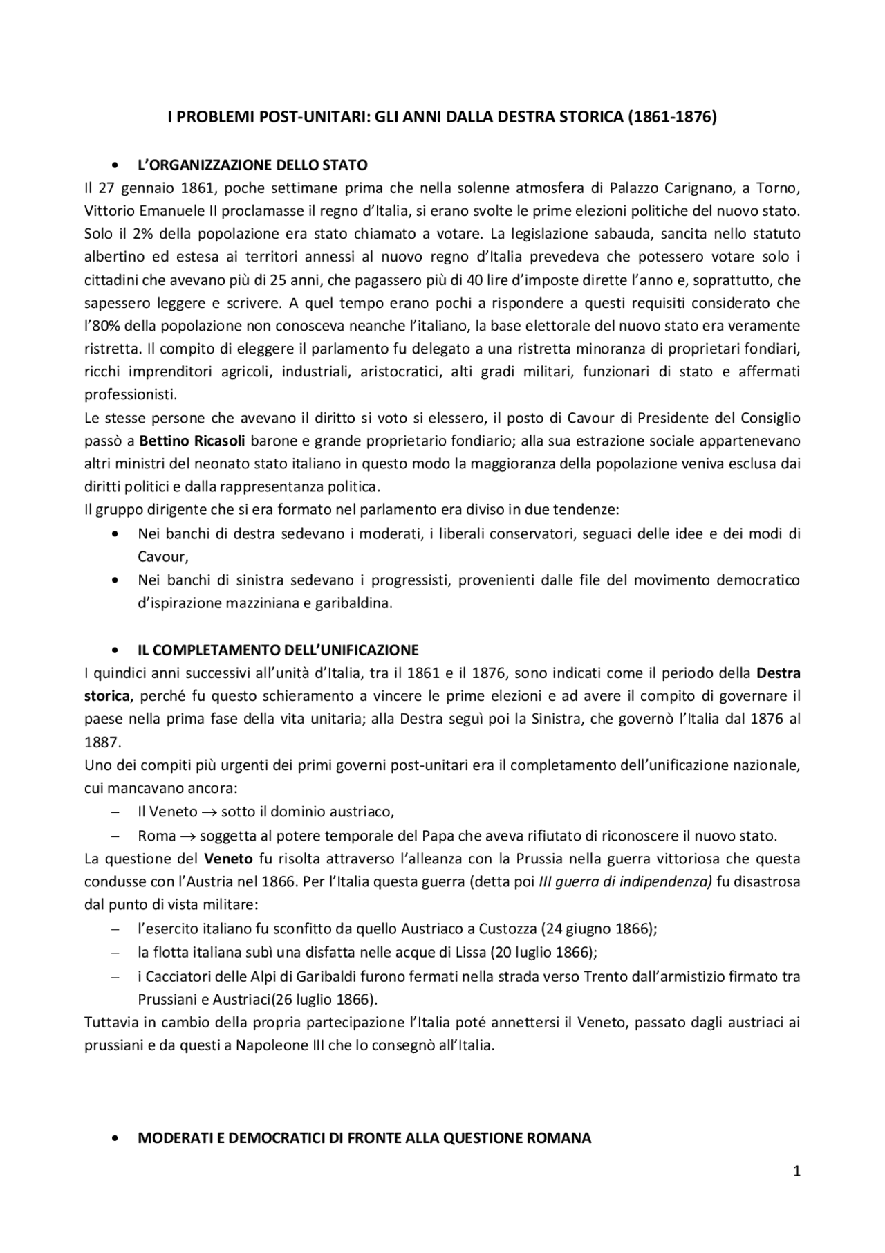 I problemi post unitari: gli anni della destra storica | Appunti di Storia | Docsity