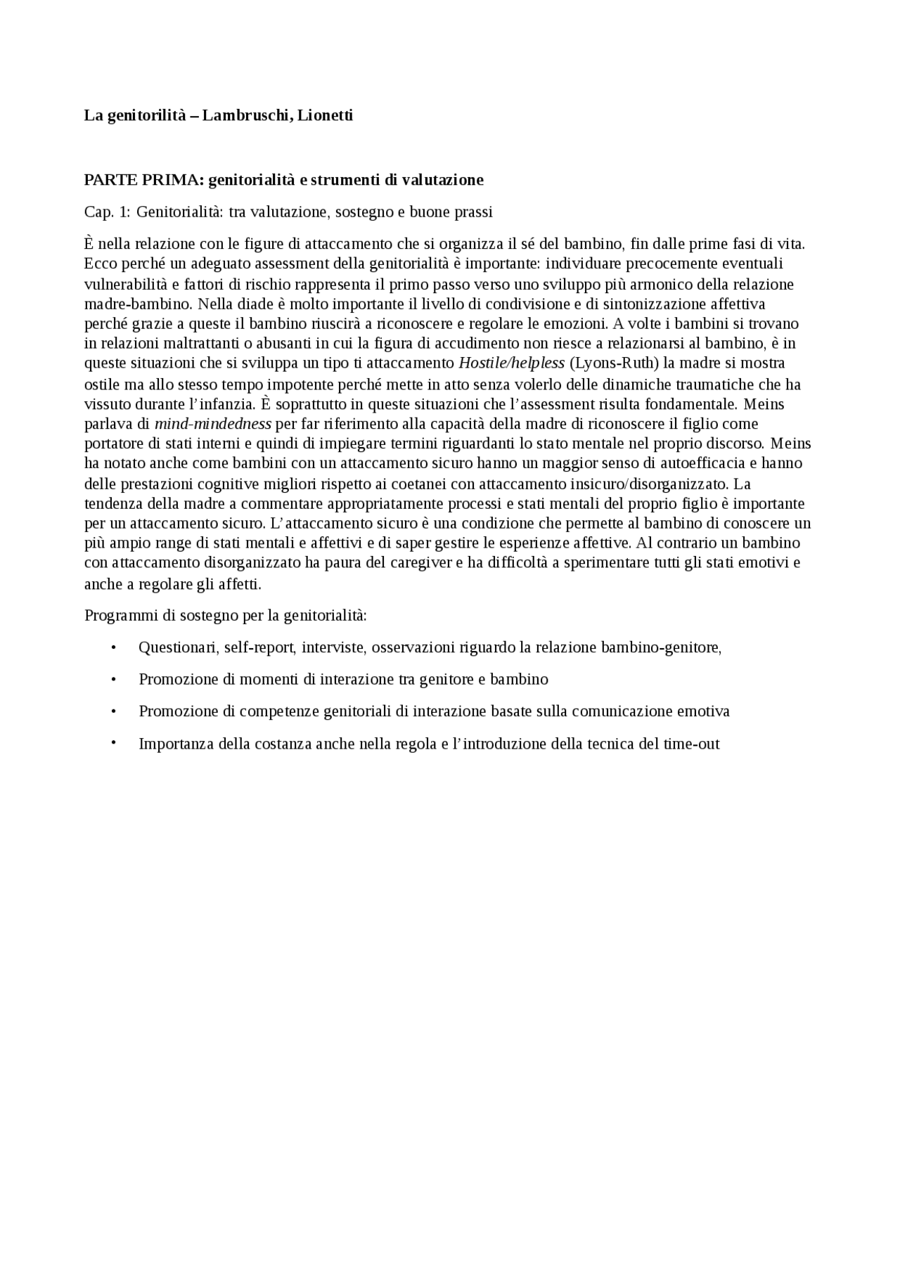 Riassunto La Genitorialità Lambruschi Lionetti Completo Docsity