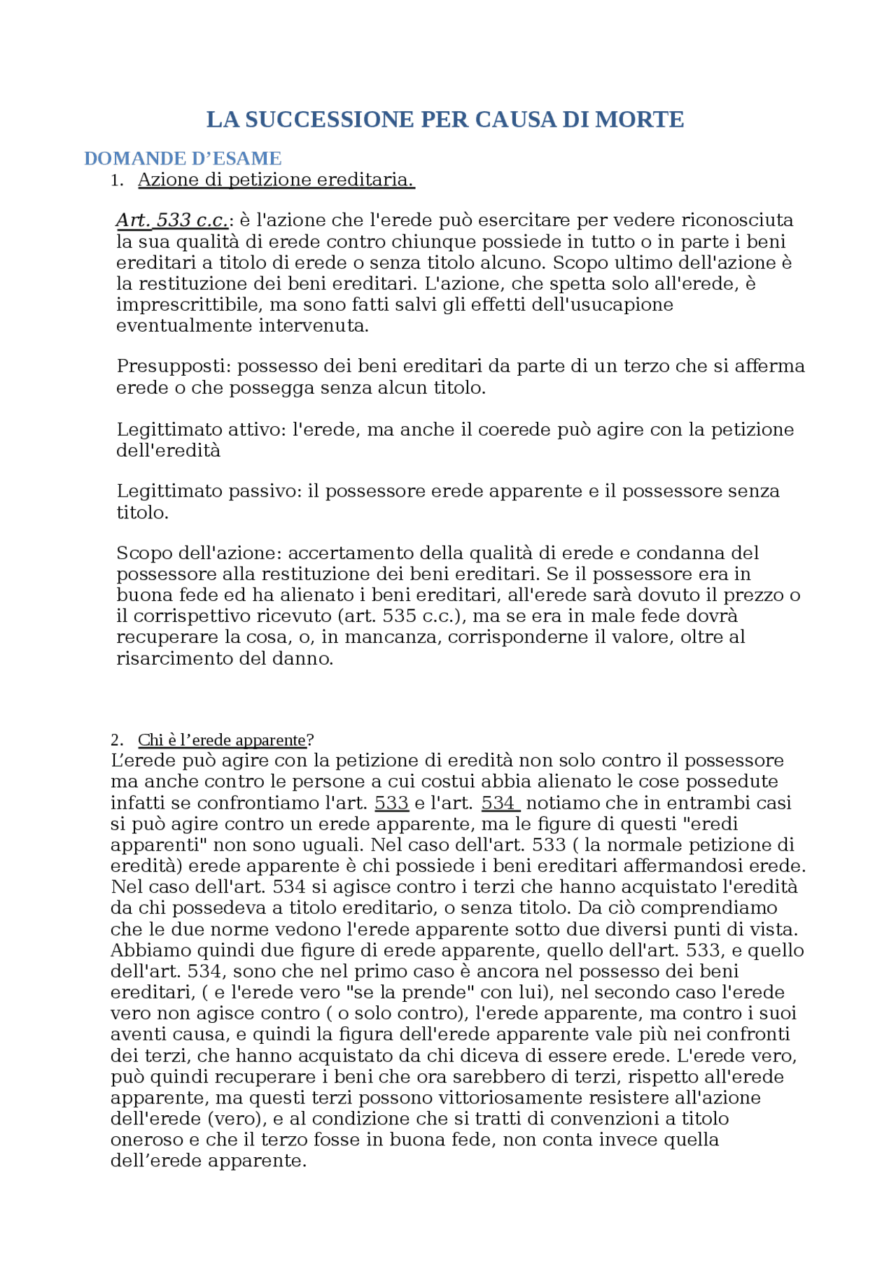 Successione per causa di morte - Docsity