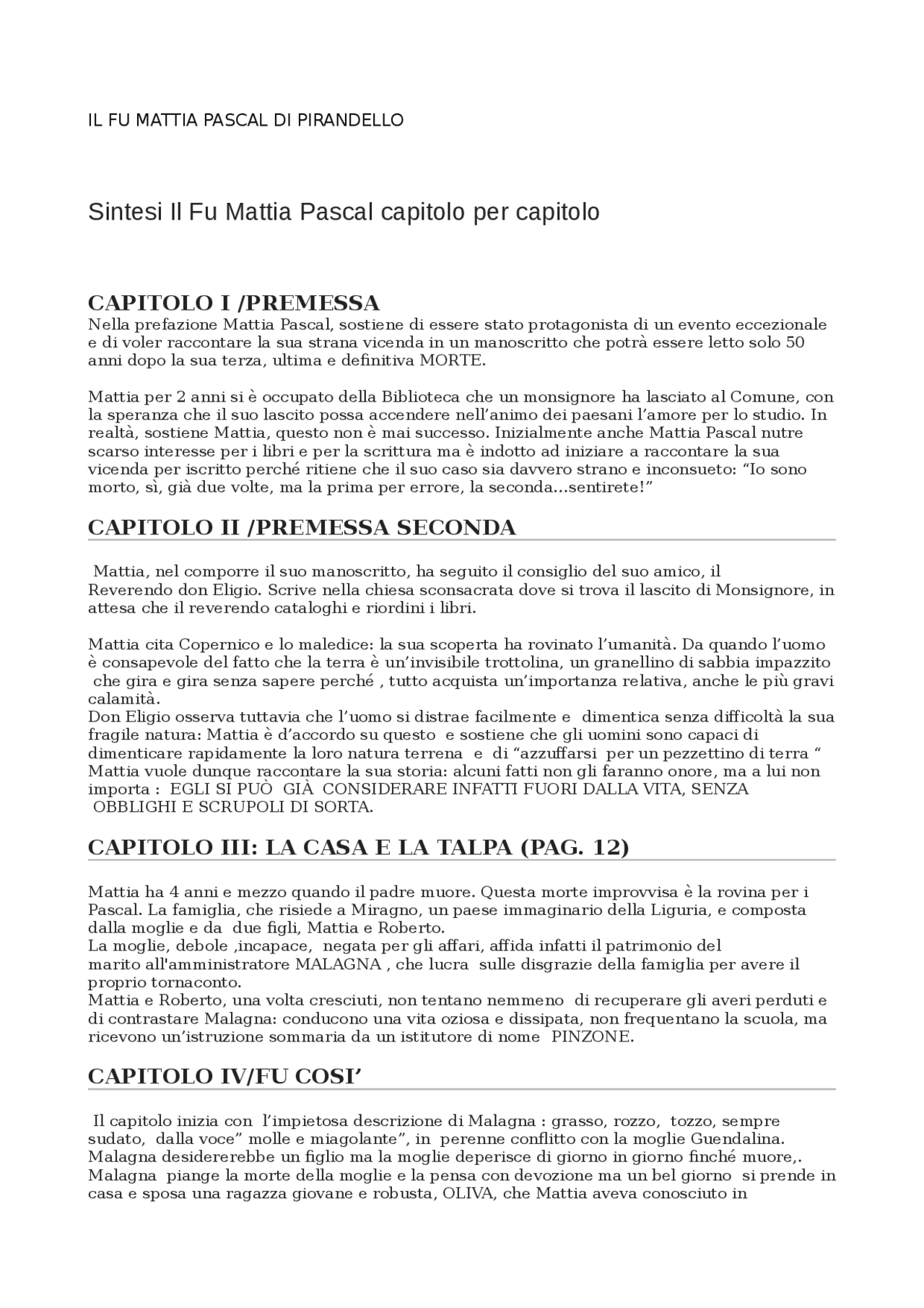 Riassunto Mattia Pascal Docsity