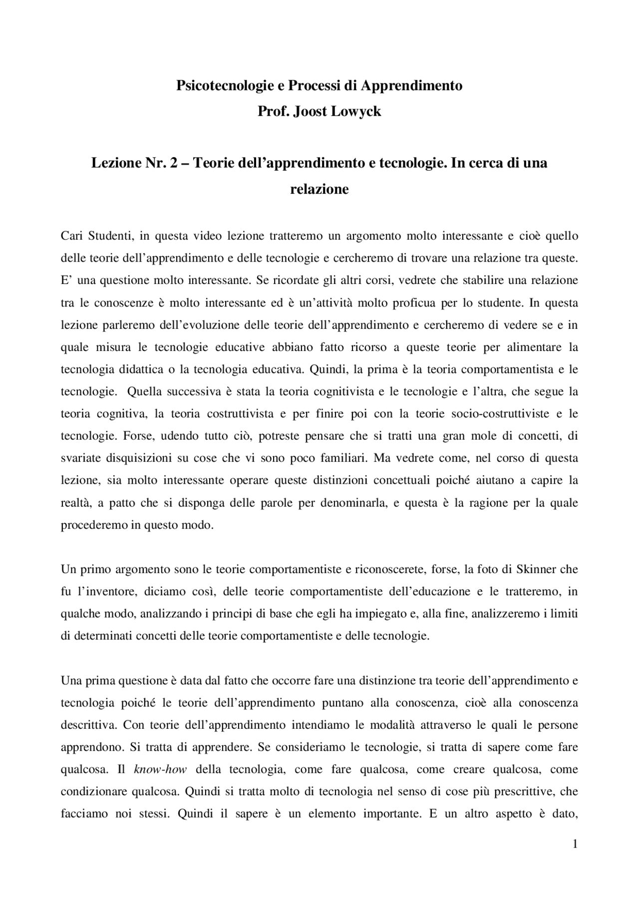 Psicotecnologie E Processi Di Apprendimento Prof Joost Lowyck Docsity