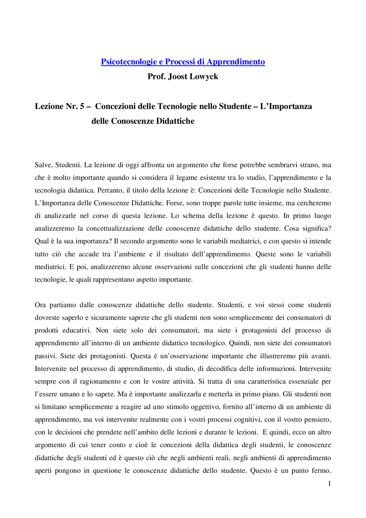 Psicotecnologie E Processi Di Apprendimento Prof Joost Lowyck