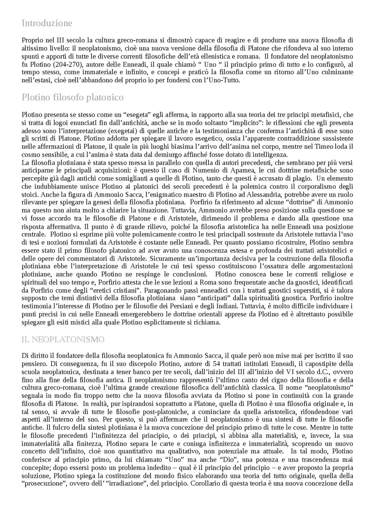 Plotino Vita E Opera Riassunto Docsity