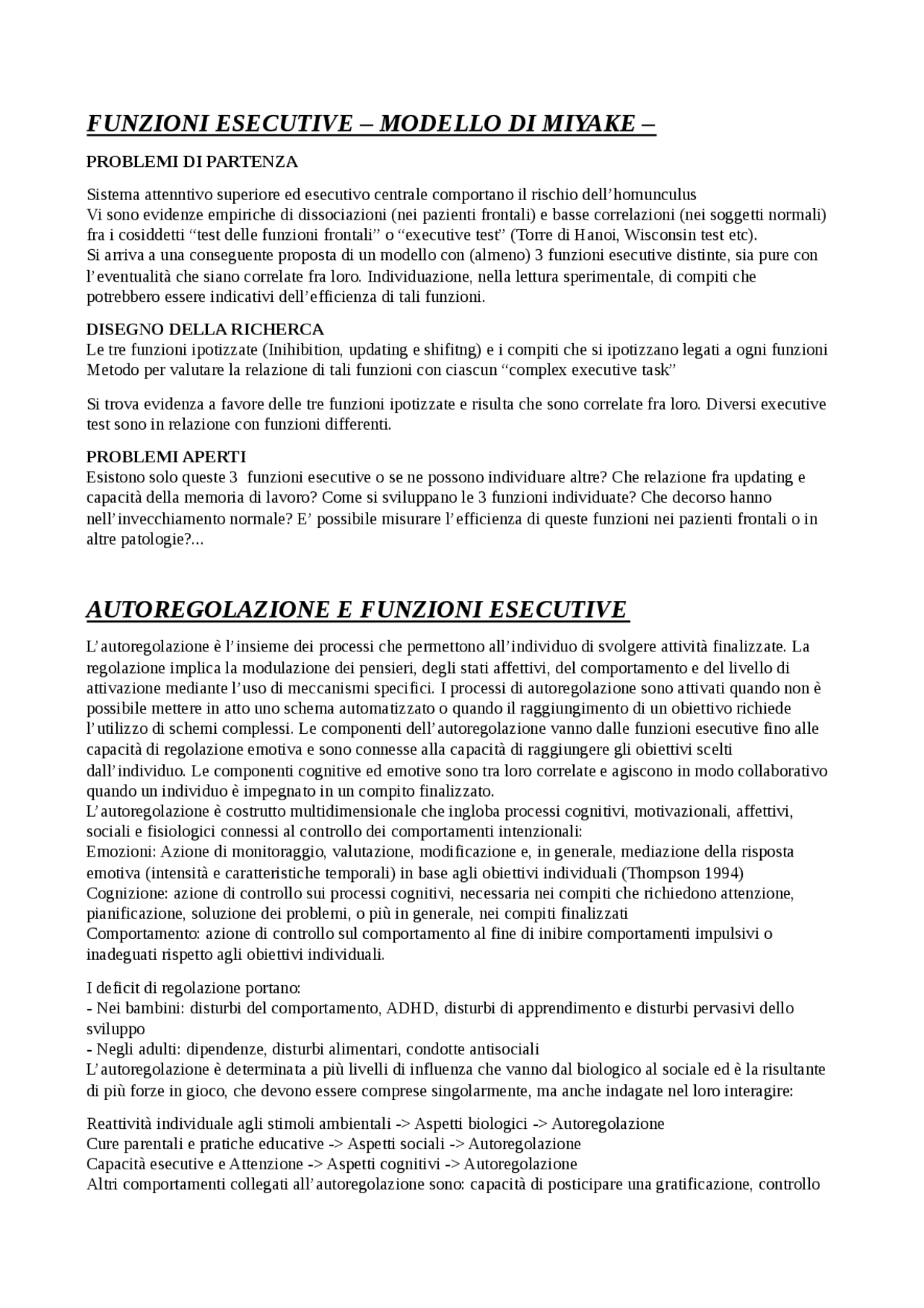 Appunti Sulle Funzioni Esecutive Docsity