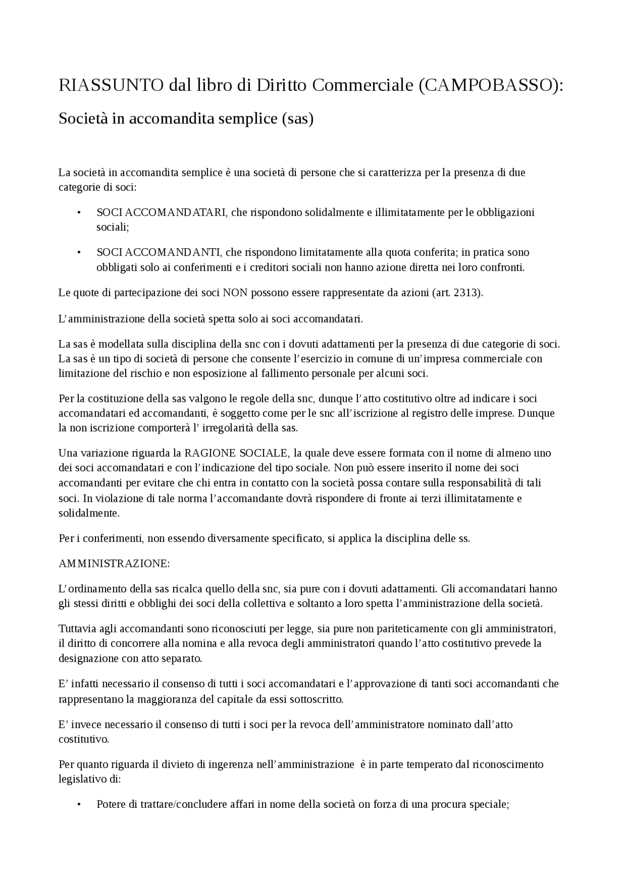 Riassunto Società In Accomandita Semplice Docsity