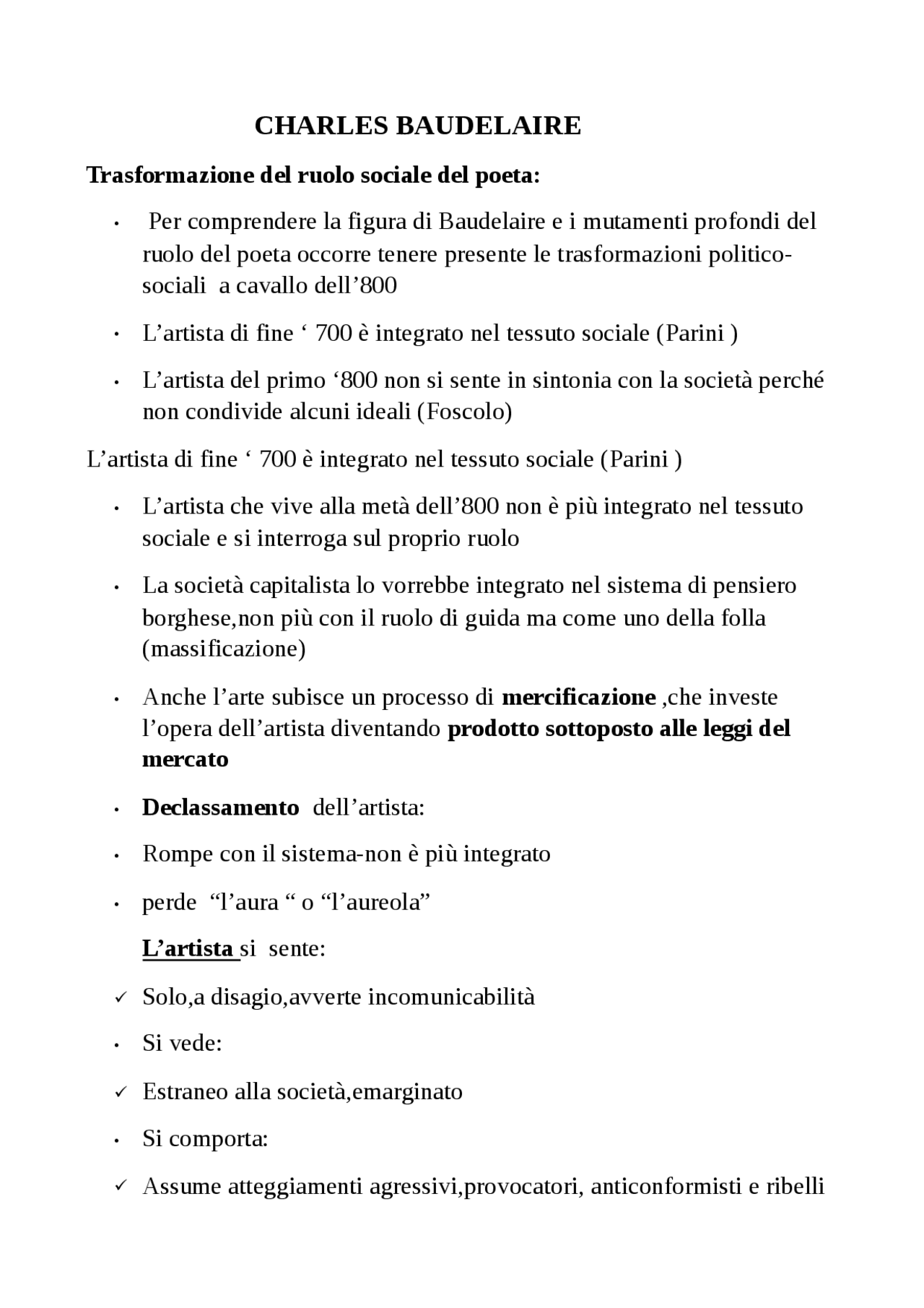Riassunti Baudelaire Docsity