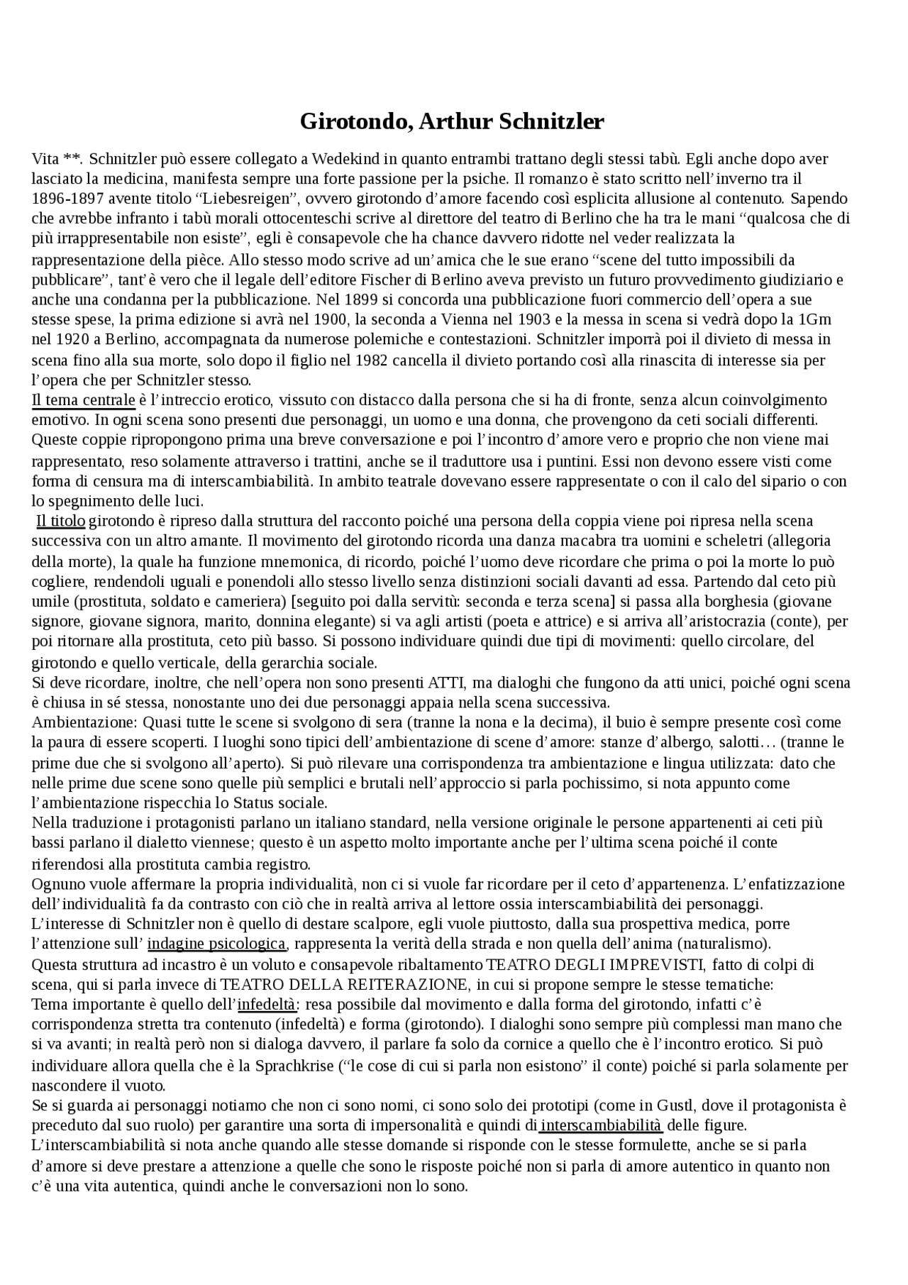 Reigen, Arthur Schnitzler (Il Girotondo) - Docsity