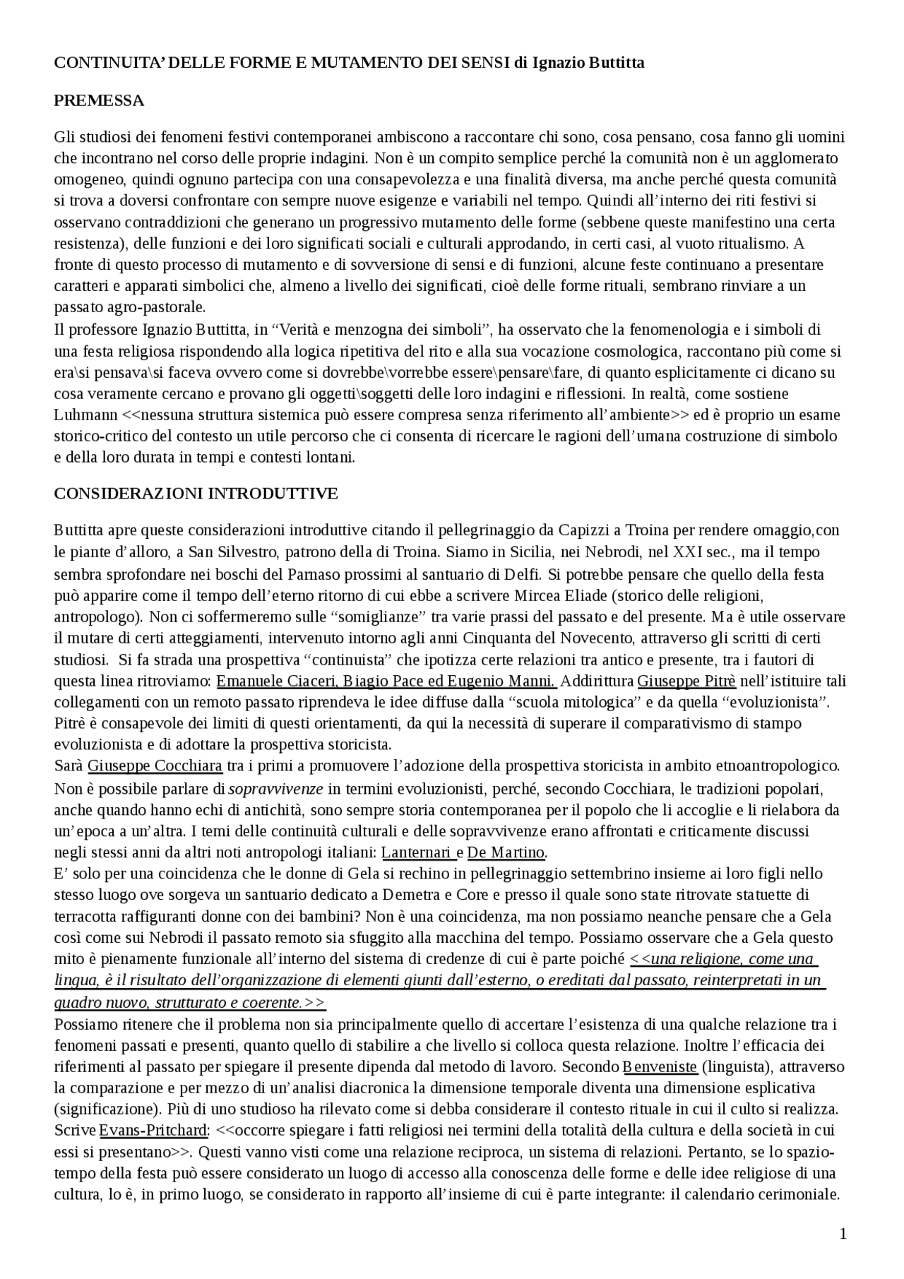 Continuità Delle Forme E Mutamento Dei Sensi Ignazio Buttitta Docsity