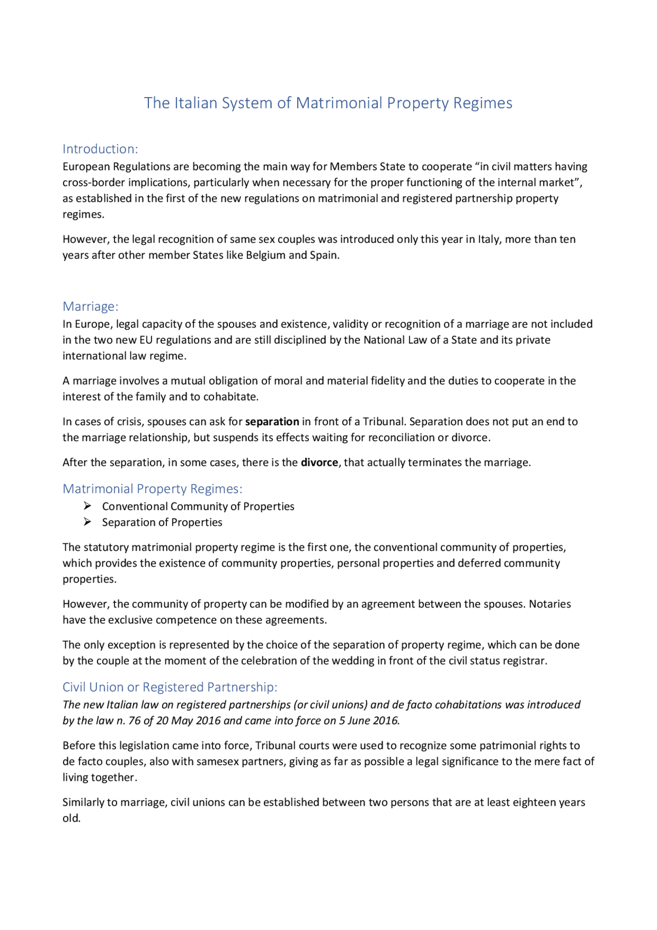The Italian System of Matrimonial Property Regimes - Docsity