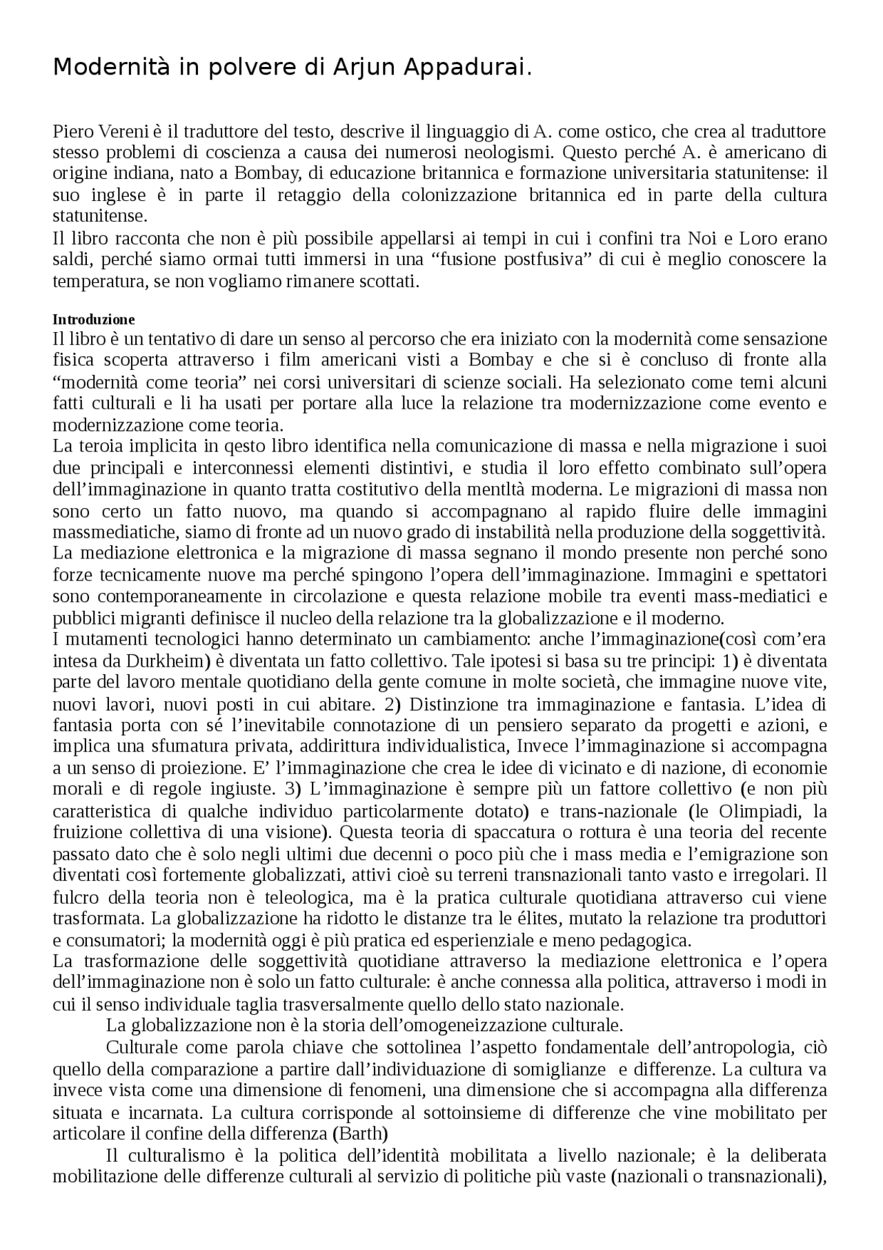 Modernità In Polvere Di Appadurai Docsity