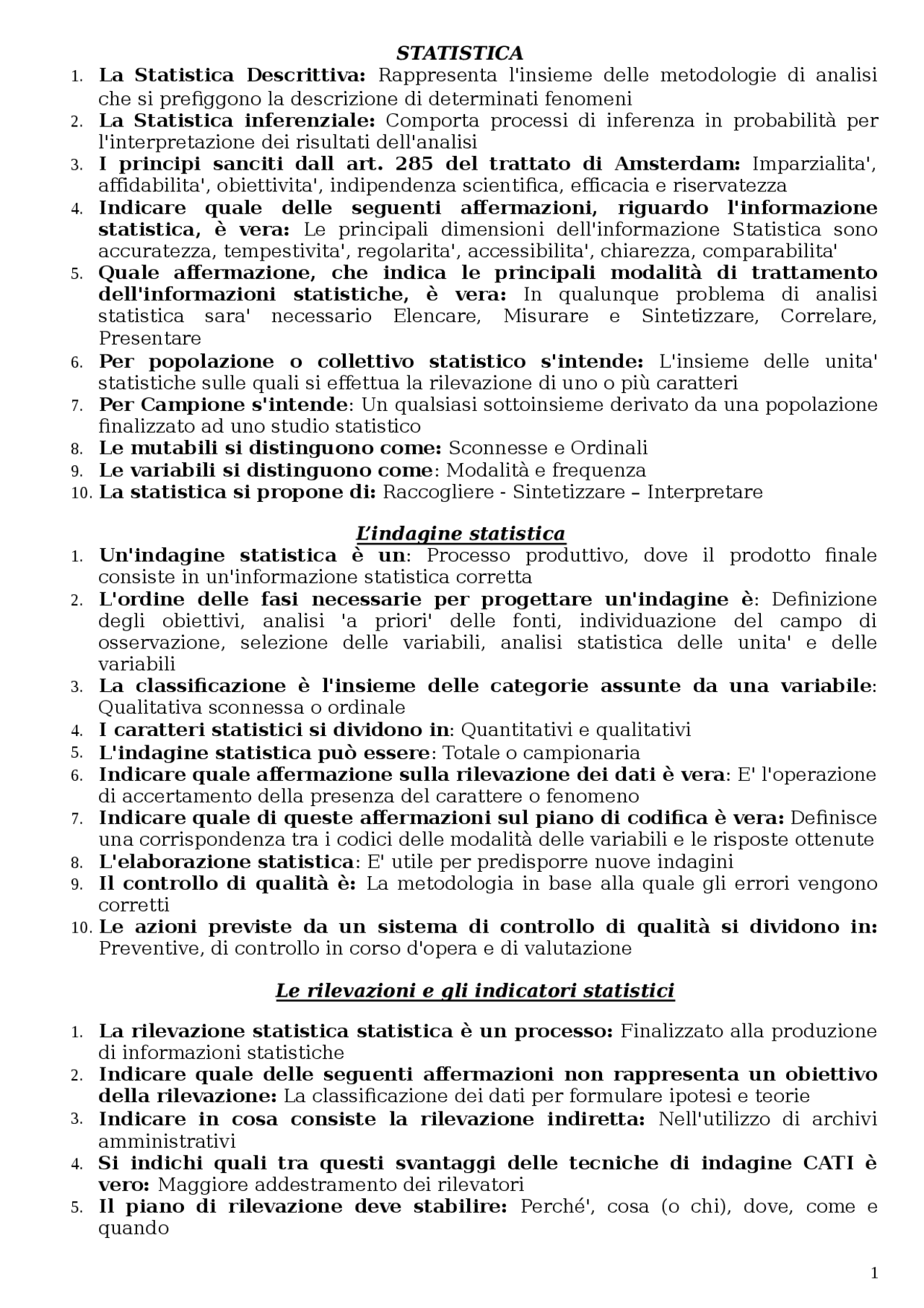 Statistica- quiz- esame pegaso | Dispense di Statistica | Docsity