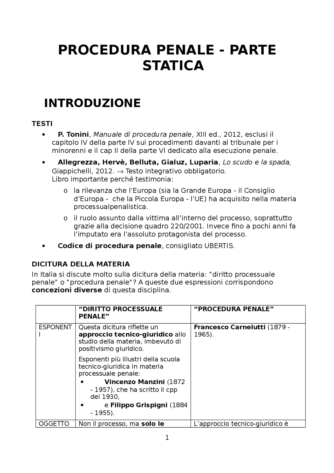 Procedura penale parte statica - Docsity