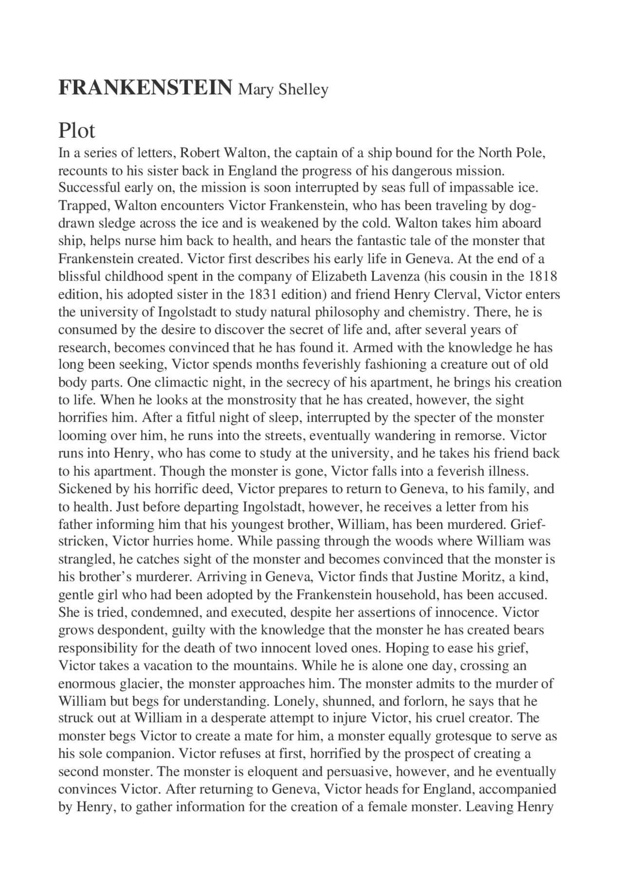 FRANKENSTEIN Mary Shelley PLOT.docx - Docsity
