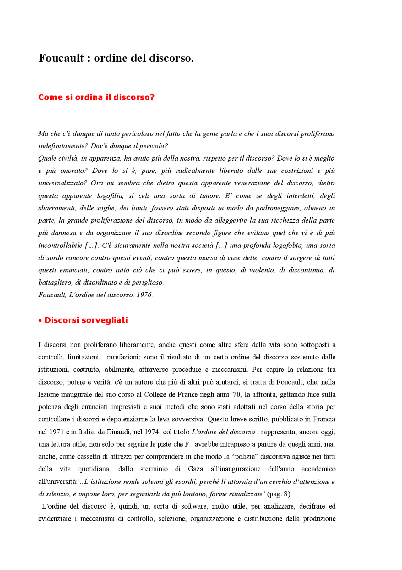 Foucault Ordine Del Discorso Docsity