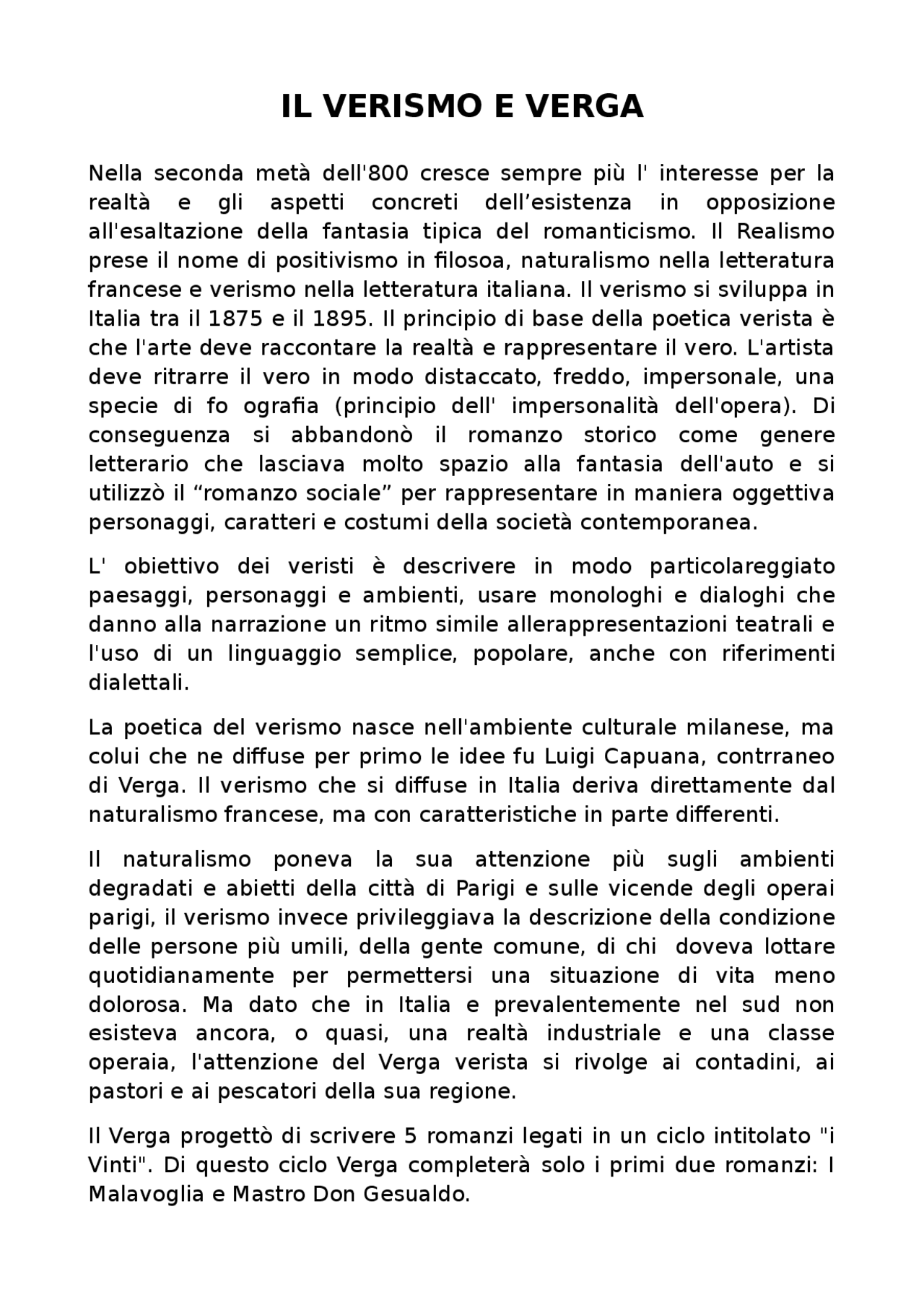 Verga e verismo letteratura - Docsity