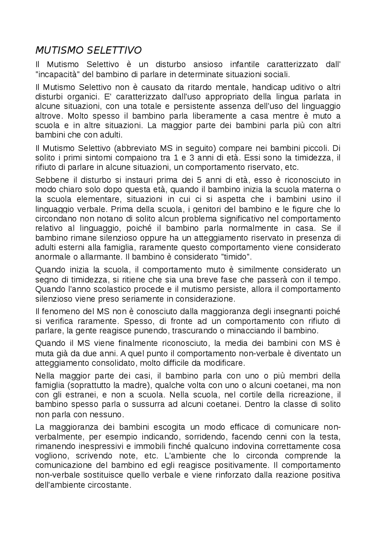 Il Mutismo Selettivo Lecture Notes Of Scienze Umane Docsity