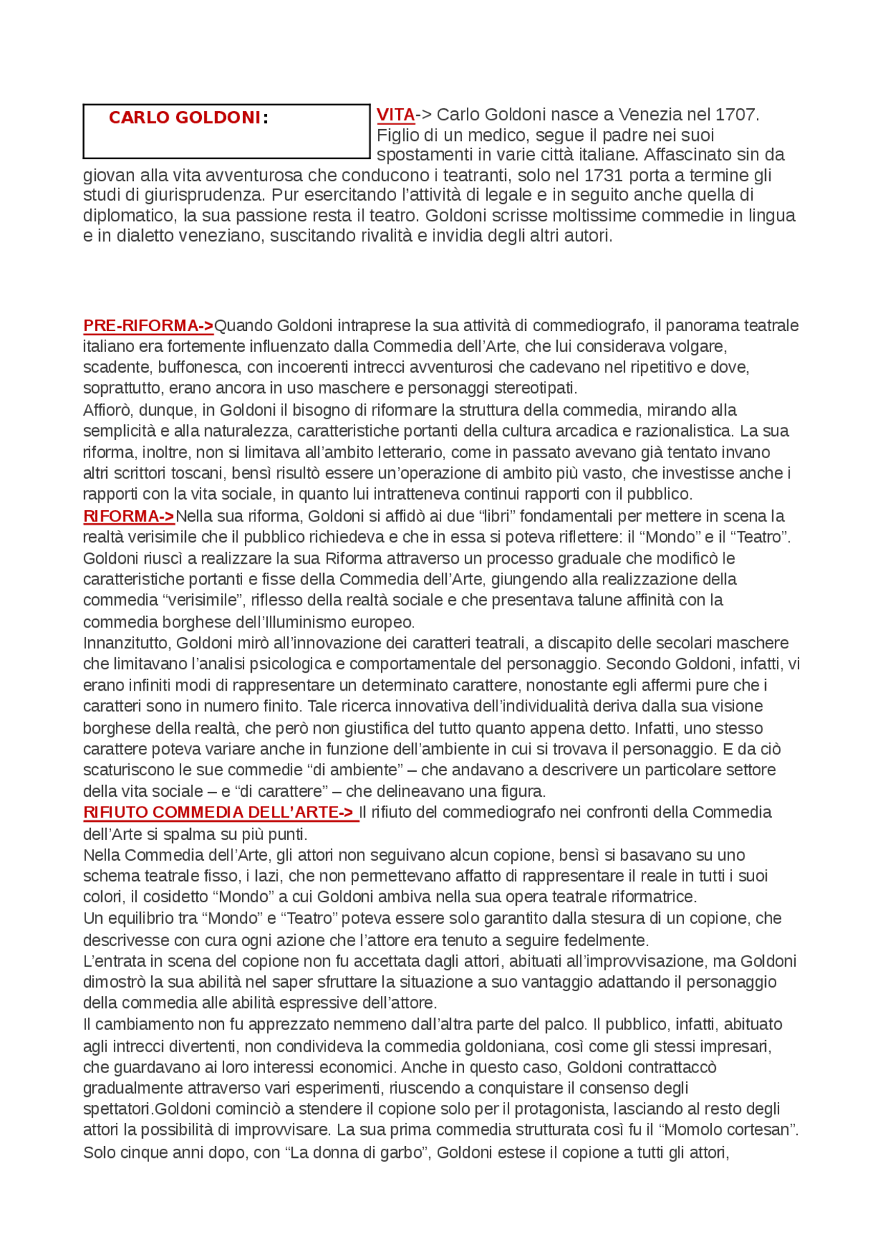 Riassunto Carlo Goldoni Docsity