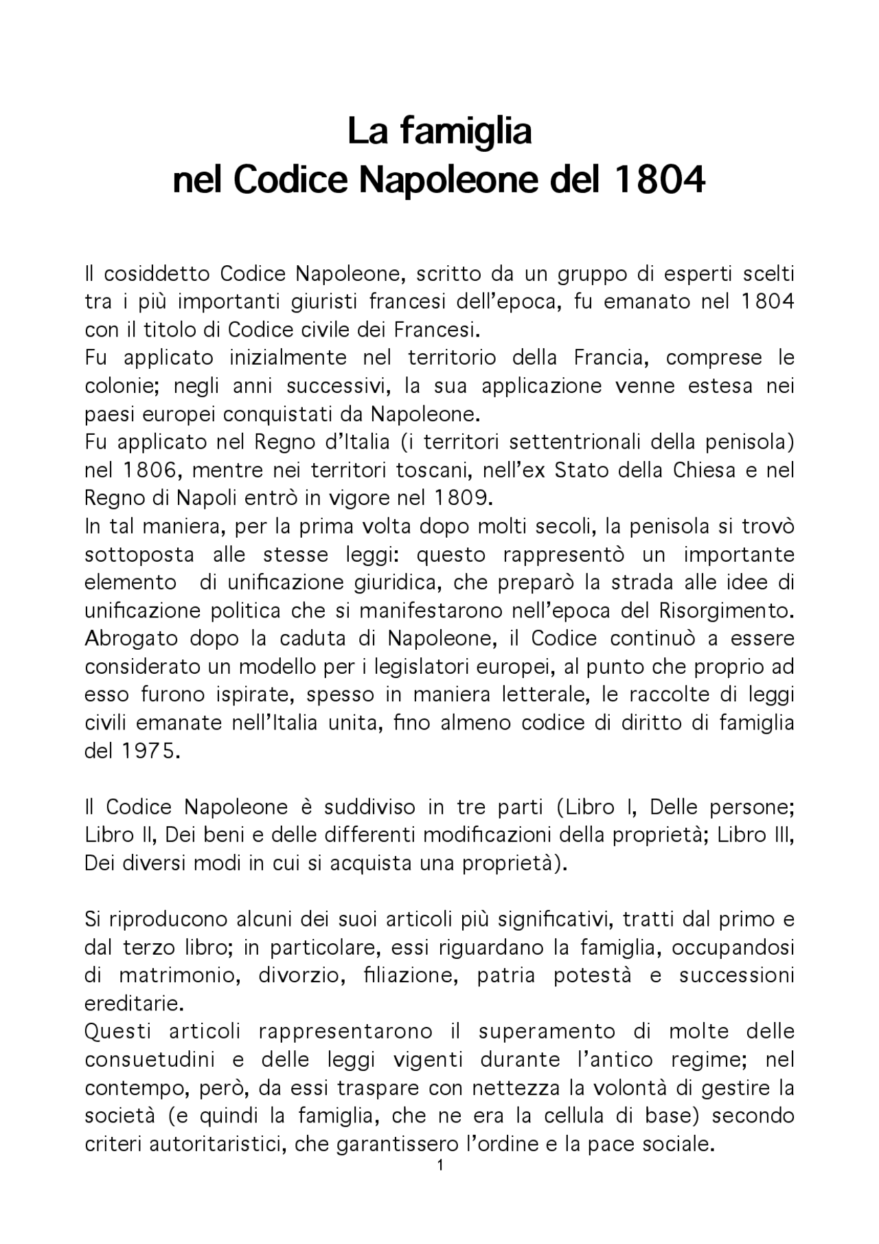 La famiglia nel Codice Napoleone del 1804 - Docsity
