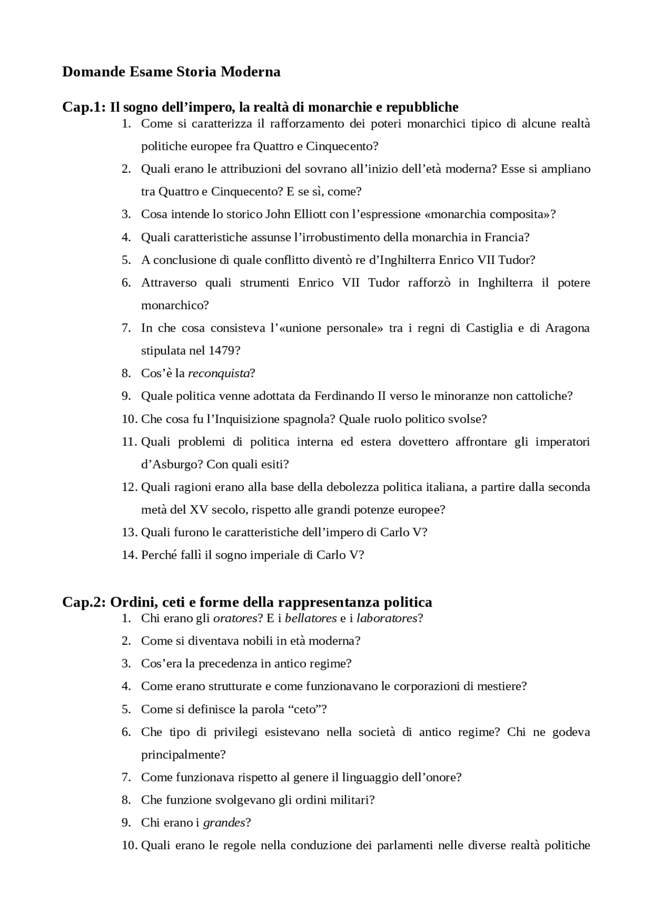 Domande Esame Storia Moderna Docsity