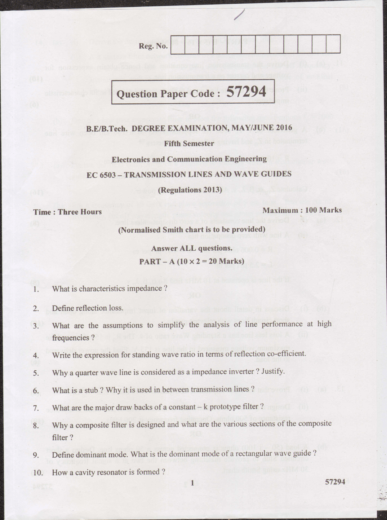 Anna Univ Question Paper for EC6503- April 2016 - Docsity