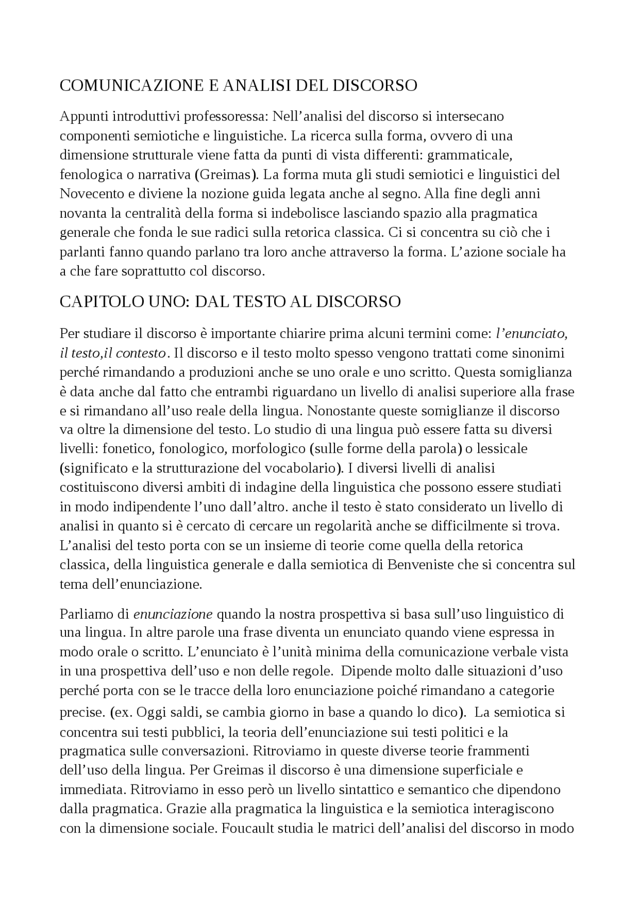 Comunicazione E Analisi Del Discorso Appunti Di Semiotica Docsity
