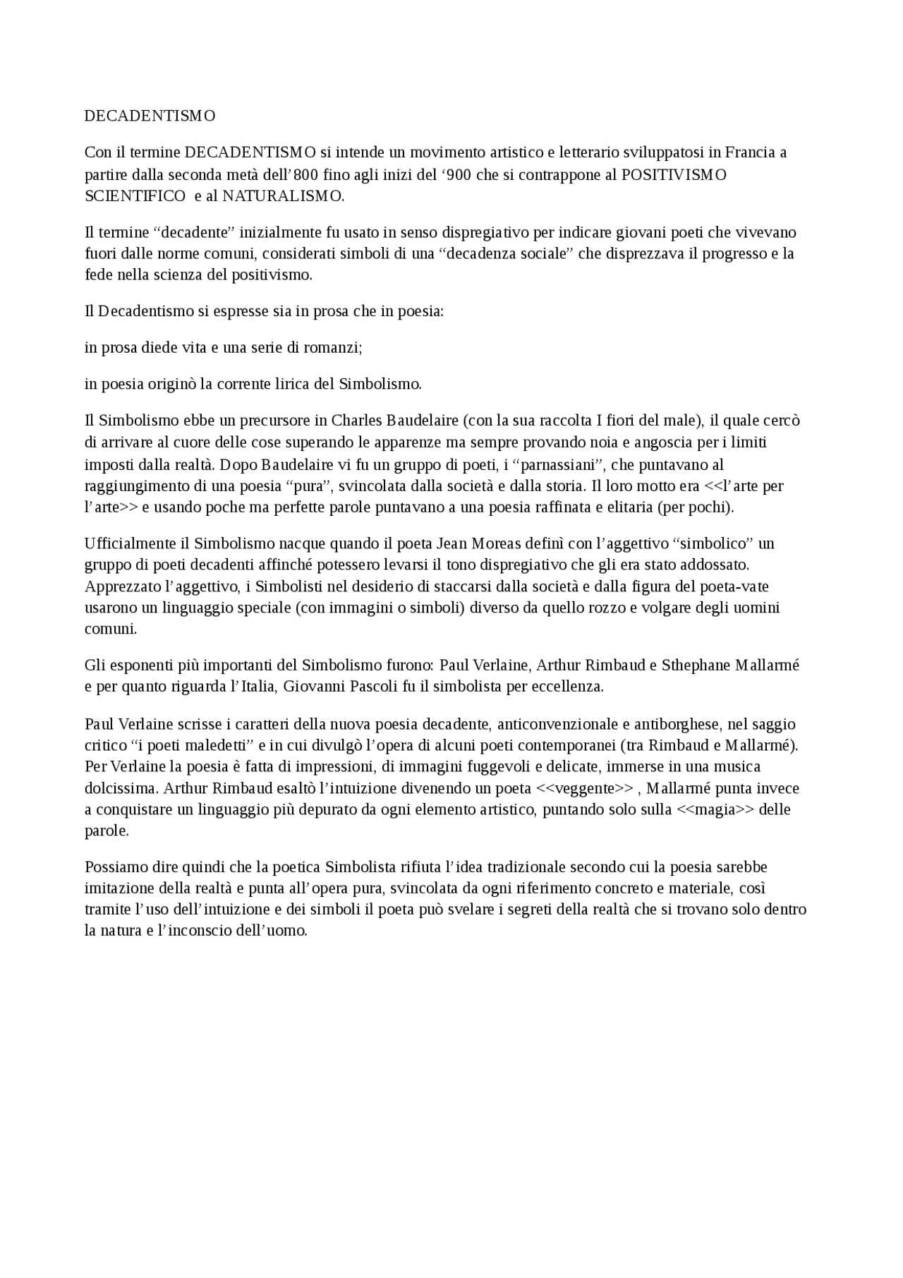 Il Decadentismo E Collegamento A Pascoli Docsity