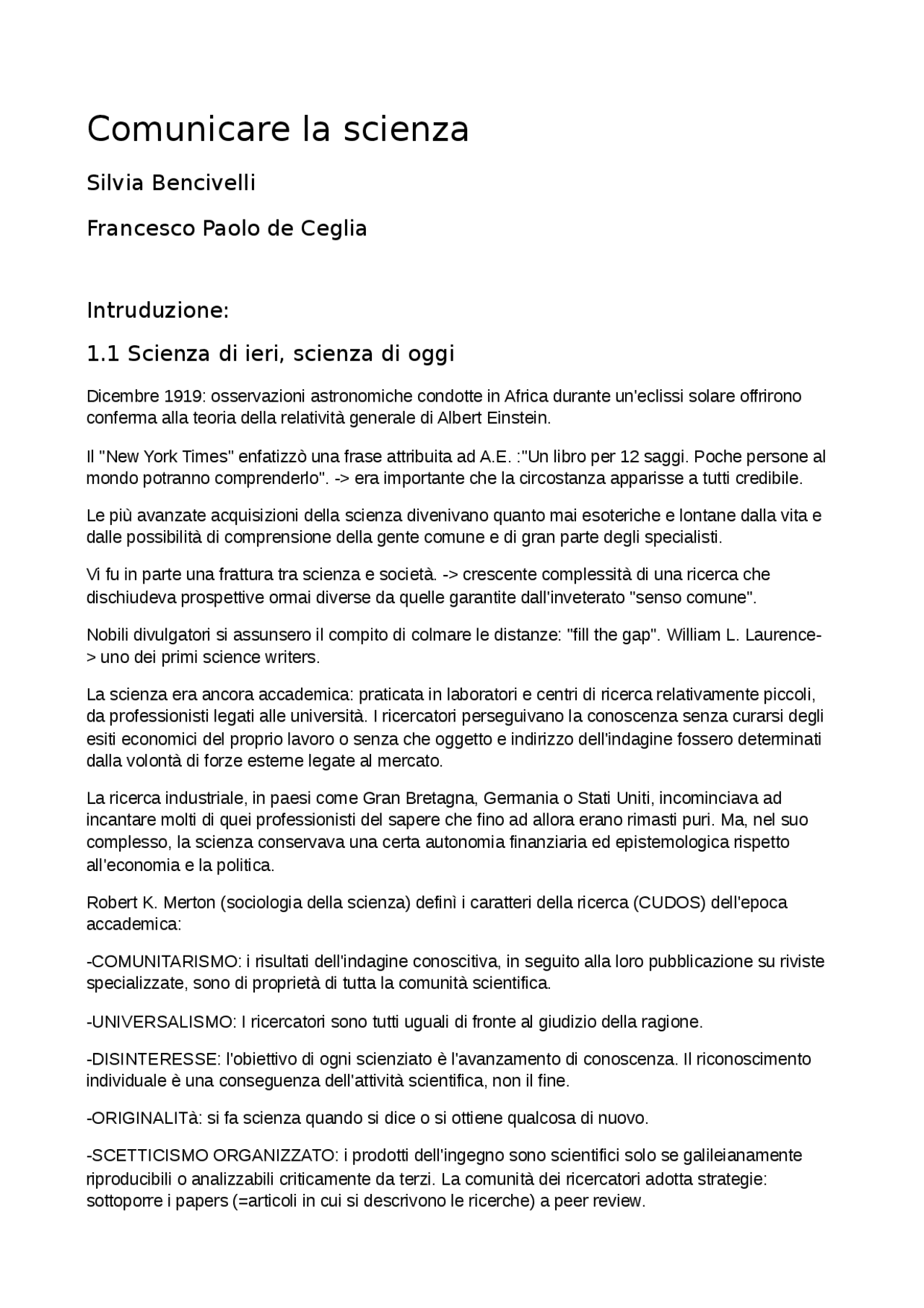 Comunicare la scienza Bencivelli - Docsity