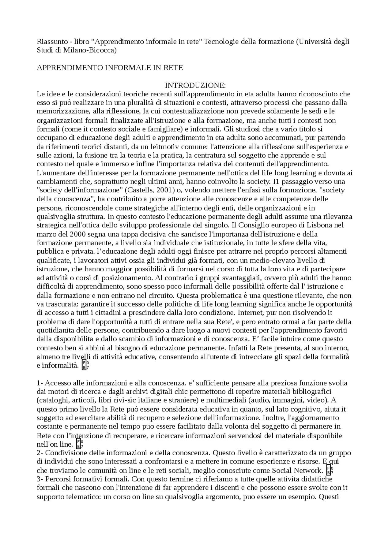 Riassunto Apprendimento Informale In Rete Docsity