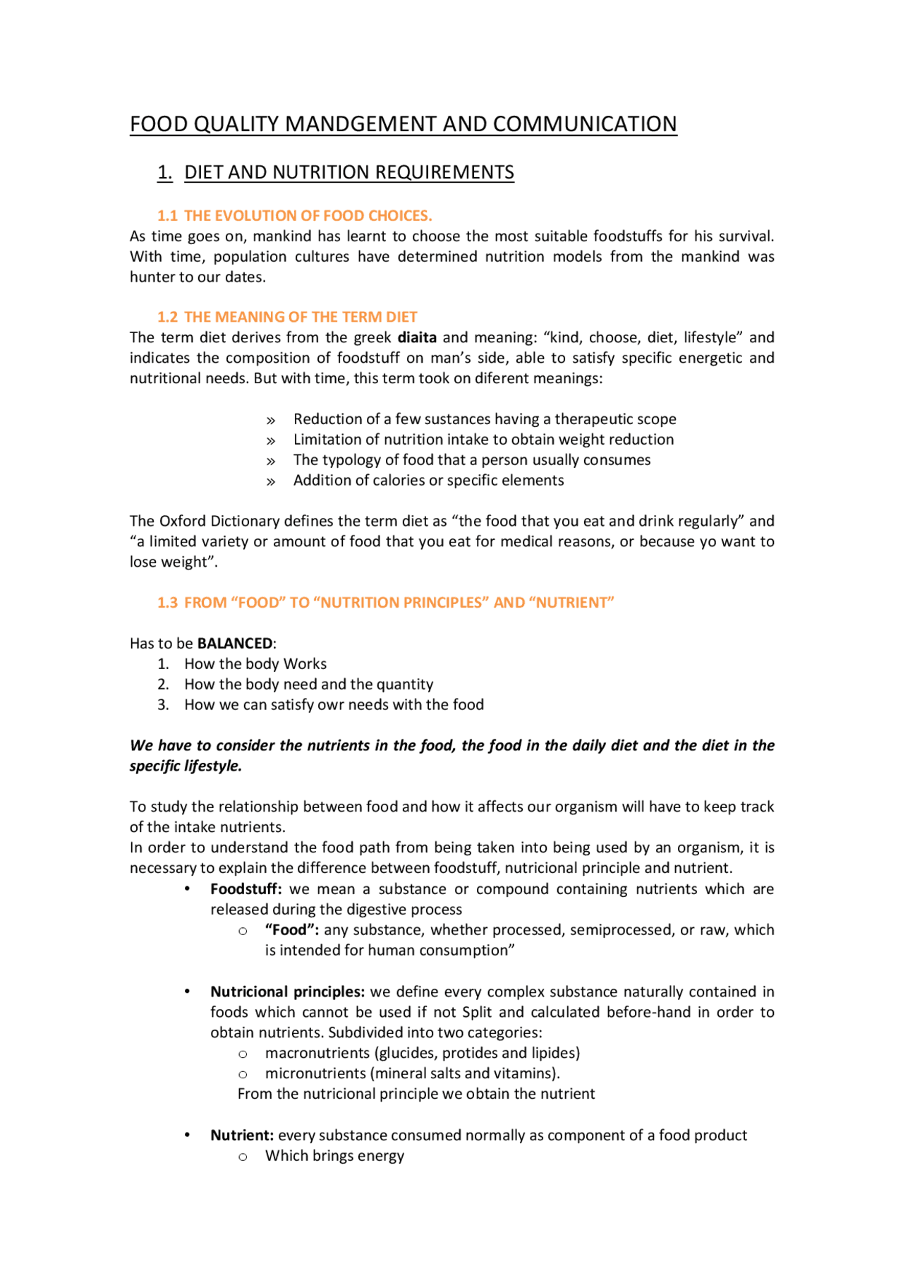 FOOD QUALITY MANAGEMENT AND COMMUNICATION - Docsity